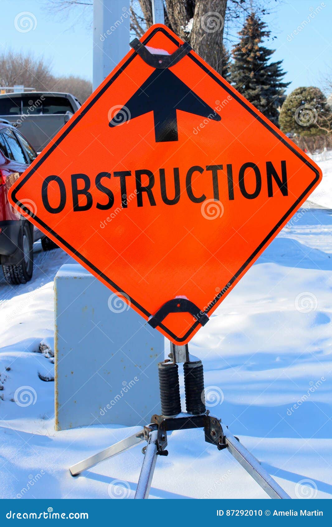 Obstruction Ahead Sign in Winter Stock Photo - Image of caution ...