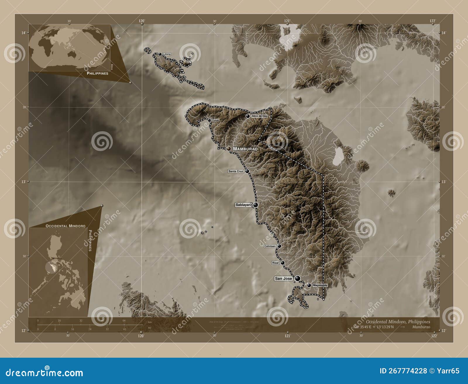 Occidental Mindoro, Philippines. Sepia. Labelled Points of Citie Stock ...