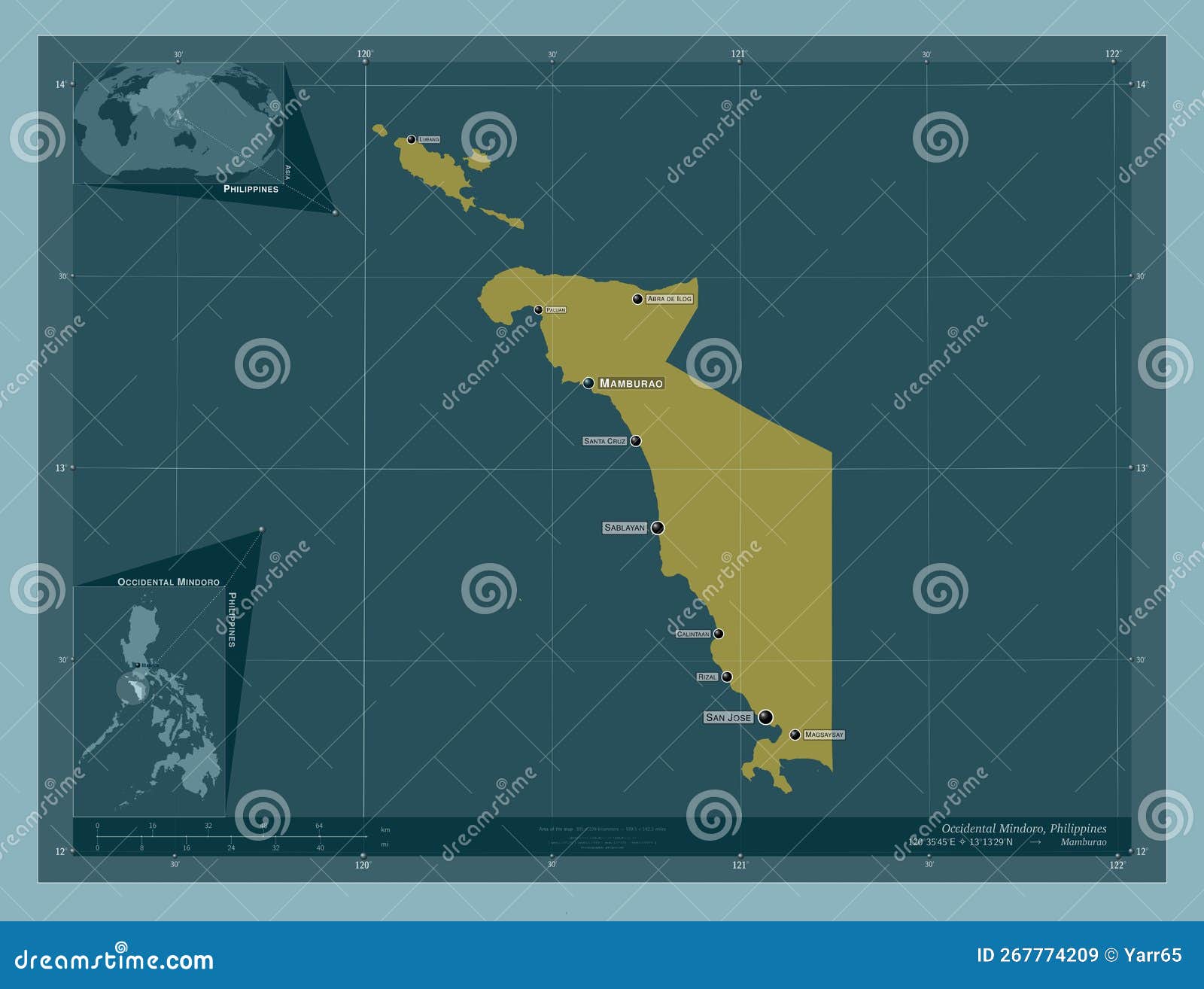 Occidental Mindoro, Philippines. Solid. Labelled Points of Citie Stock ...