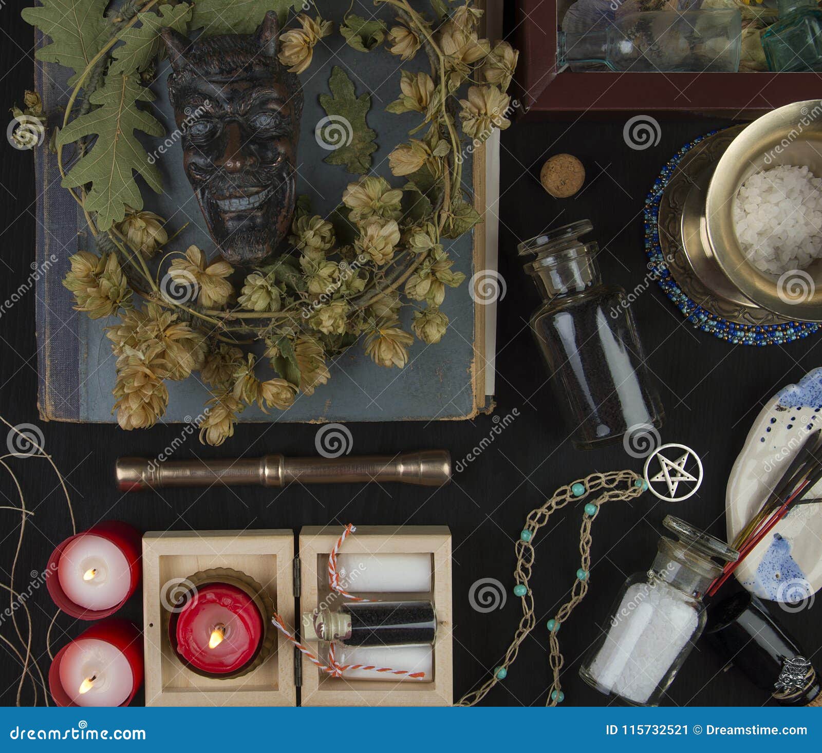 Occult Altar with Pan`s Face, Wreath of Hops Stock Image - Image of ...