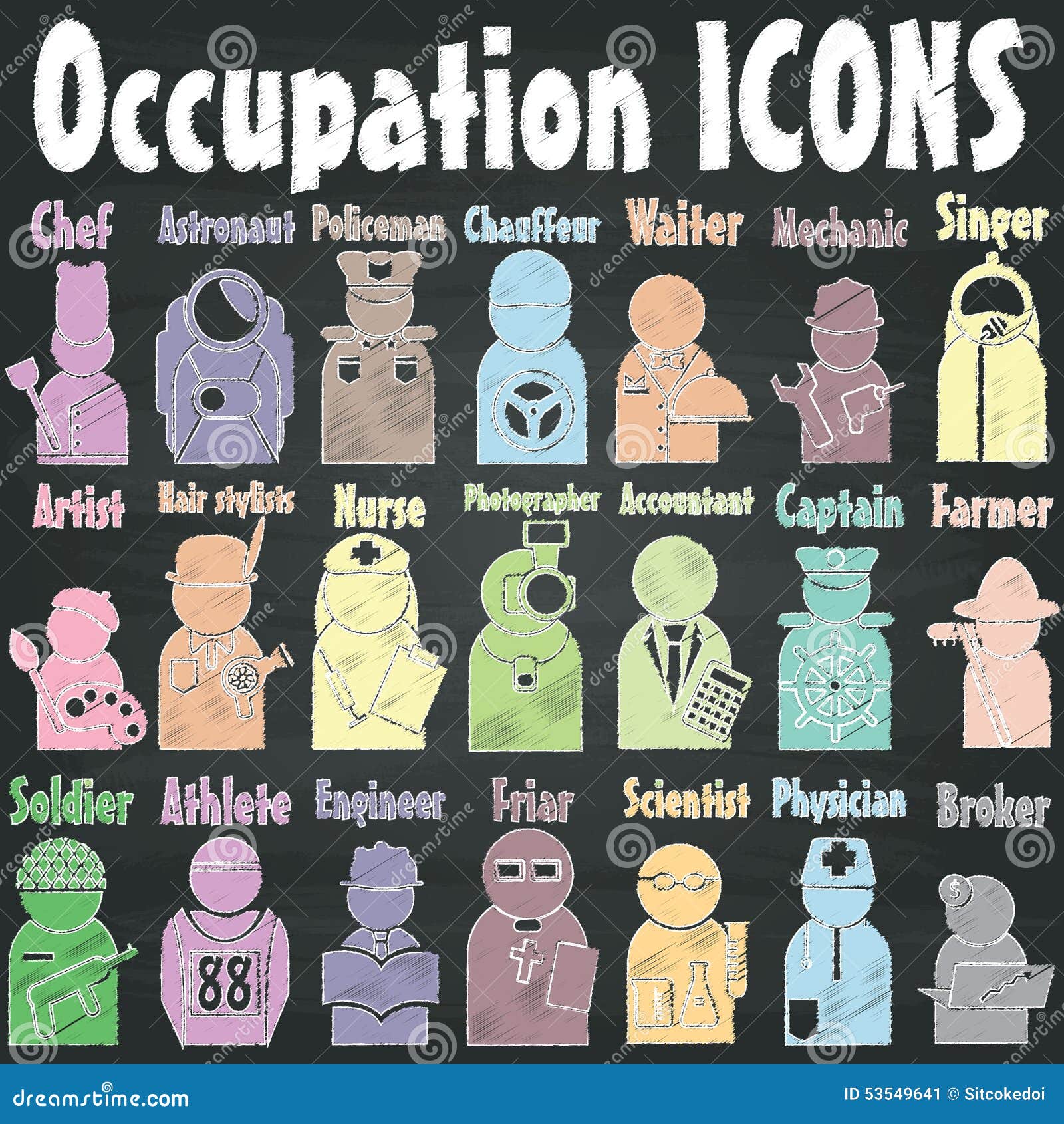 Occupation icons on chalk stock vector. Illustration of colors - 53549641
