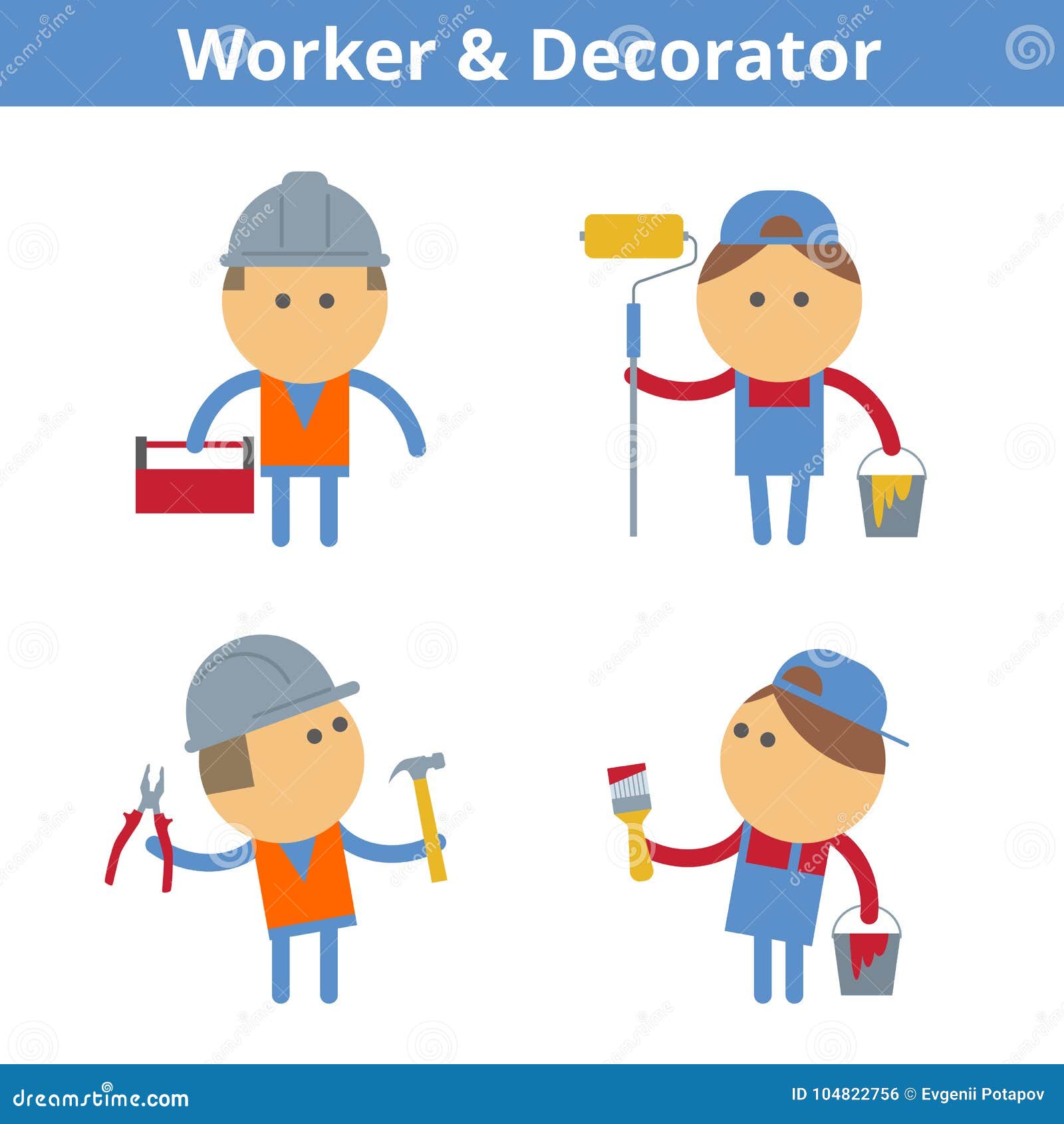 Occupations Cartoon Character Set: Worker and Decorator. Vector Stock ...