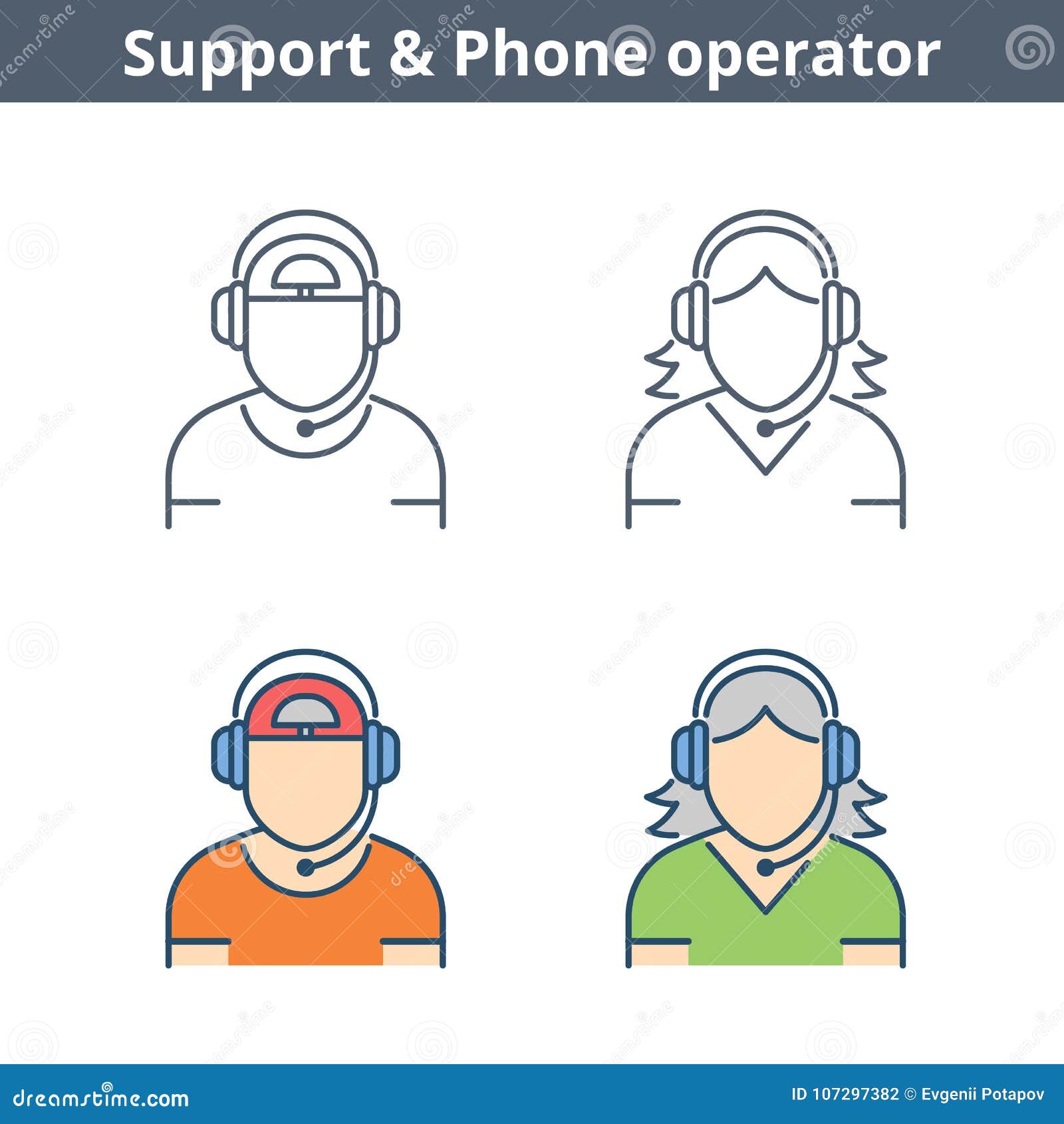 Occupations Linear Avatar Set: Support Operator. Thin Outline Icons ...