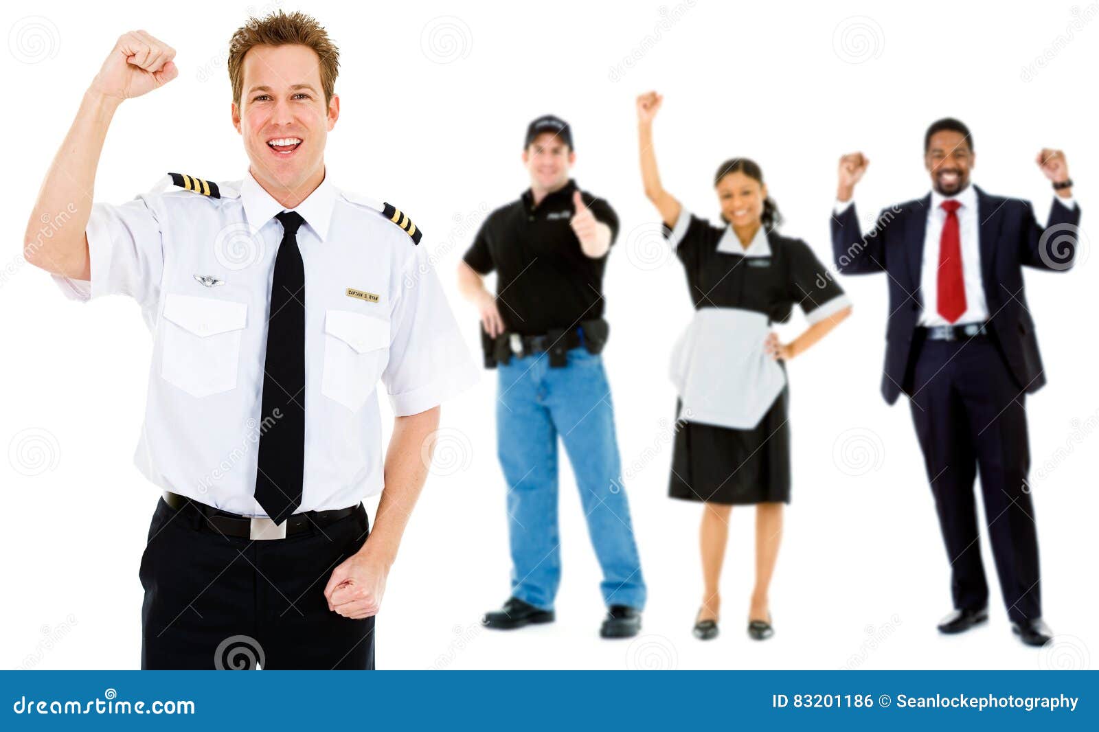 Occupations: Pilot Cheers With Group Of Employees Stock Photo - Image ...