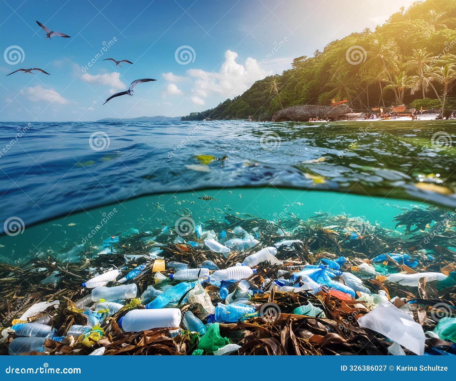 Massive Plastic Pollution Of The Sea Bottom. Bags And Other Plastic ...