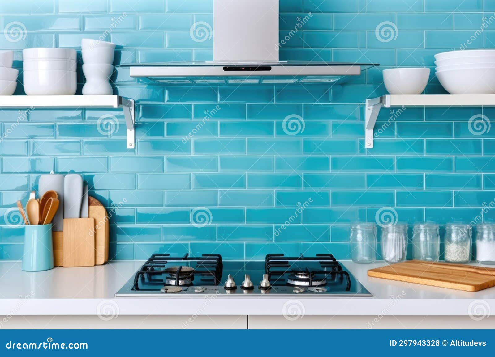 Ocean Blue Subway Tiles in a Kitchen Stock Photo - Image of decor, home ...