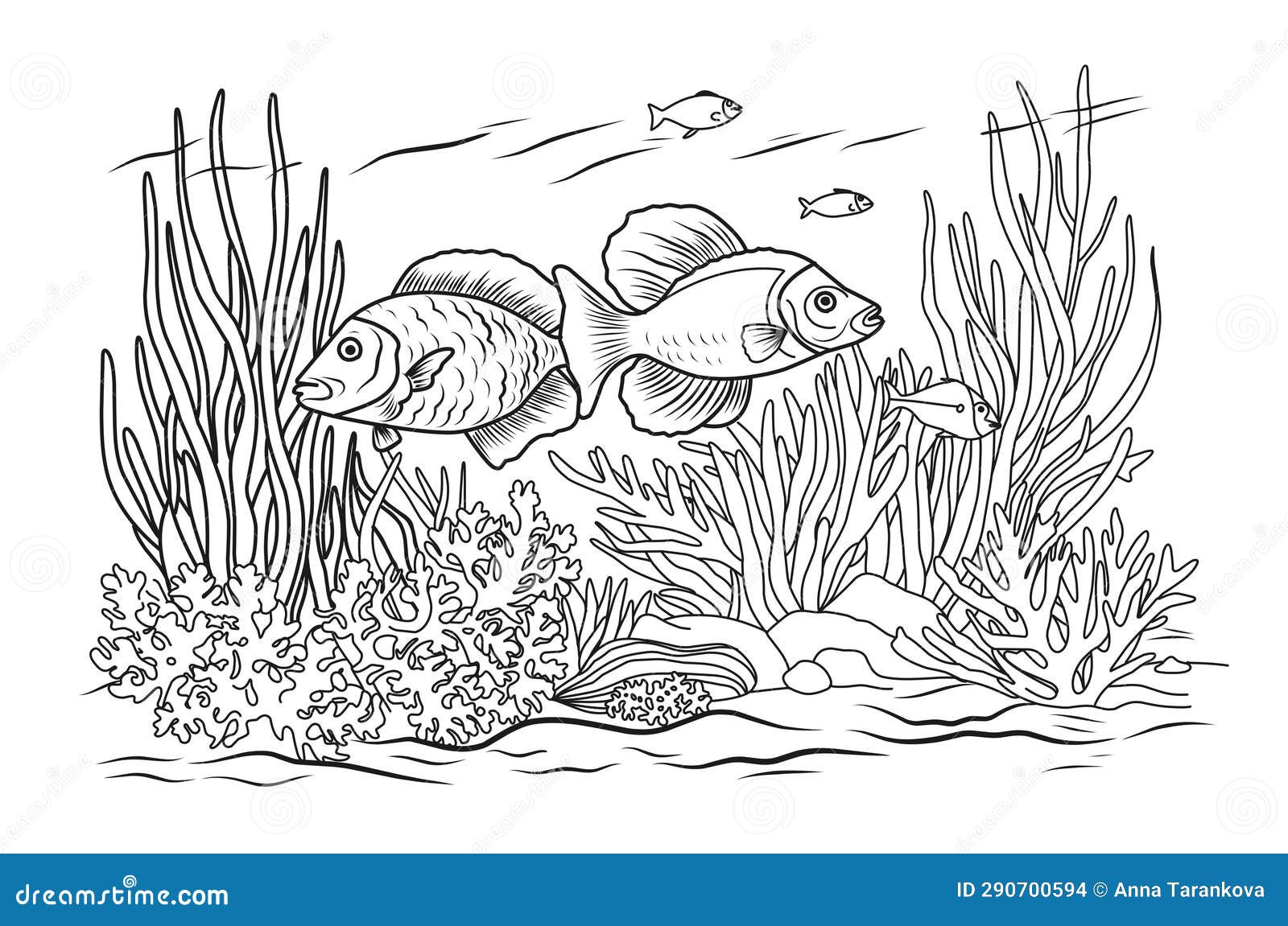 Ocean Bottom Coloring Page With Fish And Algae. Sea Life Coloring Book ...