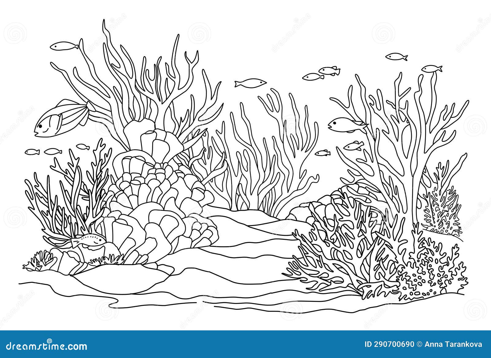 Ocean Bottom Coloring Page with Fish and Algae. Sea Life Coloring Book ...