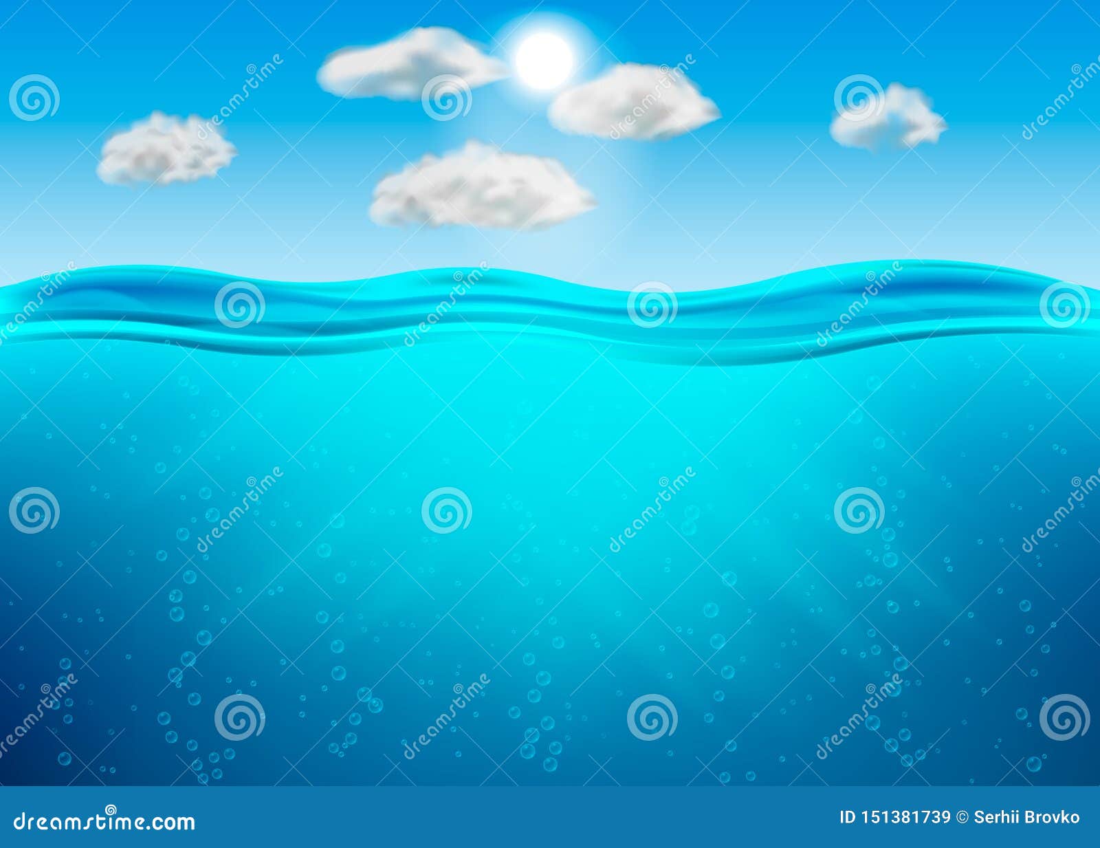 Ocean Deep Water, Sea Under Water Level, Sun Rays Blue Wave Horizon ...