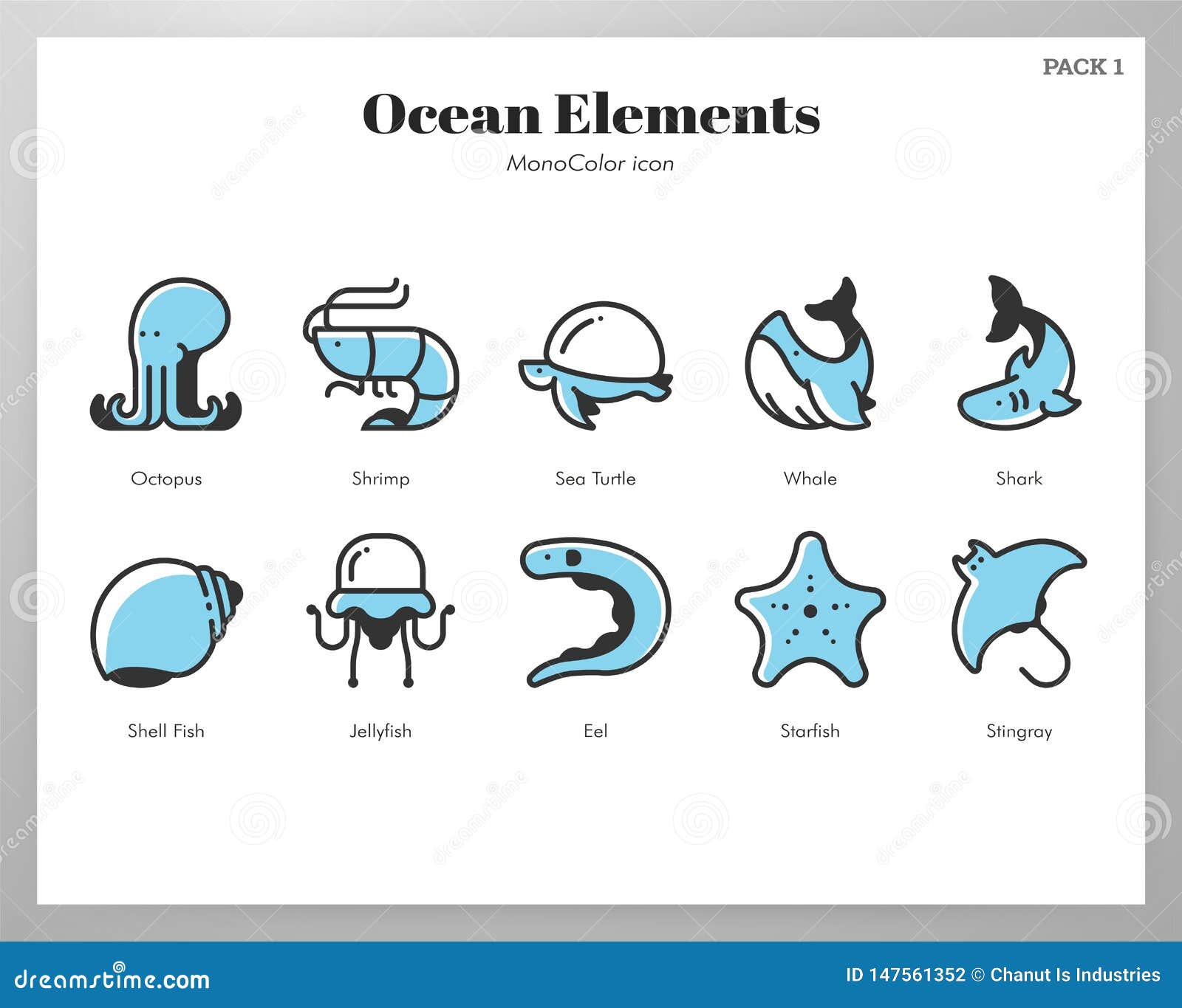 Ocean Elements MonoColor Pack Stock Vector - Illustration of jellyfish ...