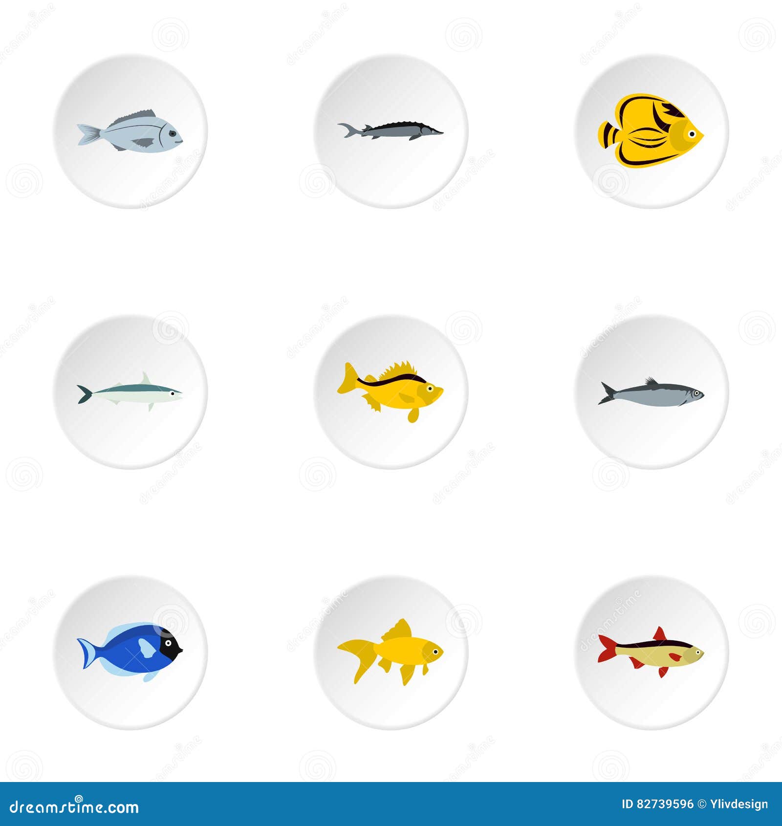 Ocean Fish Icons Set, Flat Style Stock Vector - Illustration of ...
