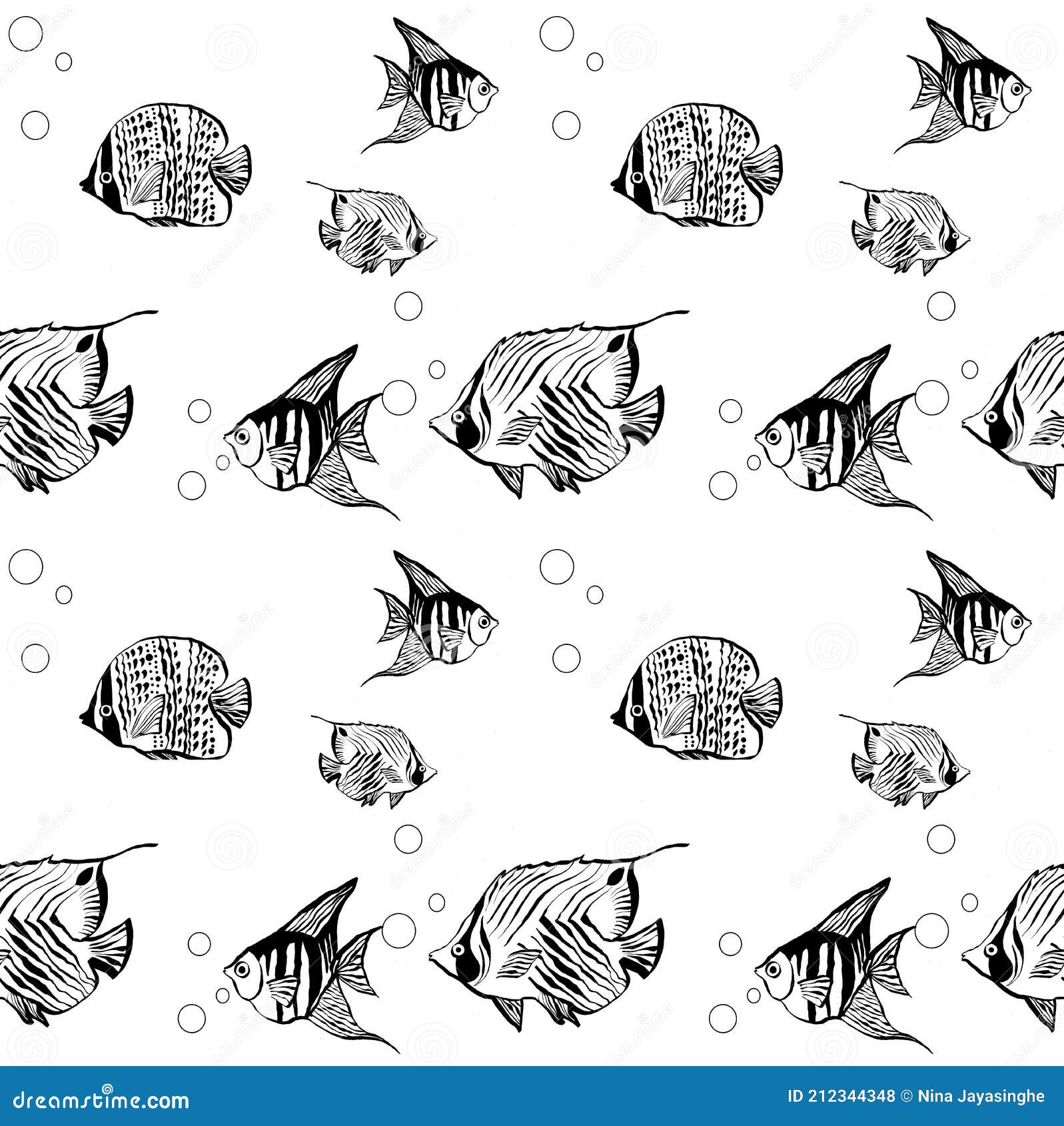 Ocean Fish Pattern in Black and White Stock Illustration - Illustration ...