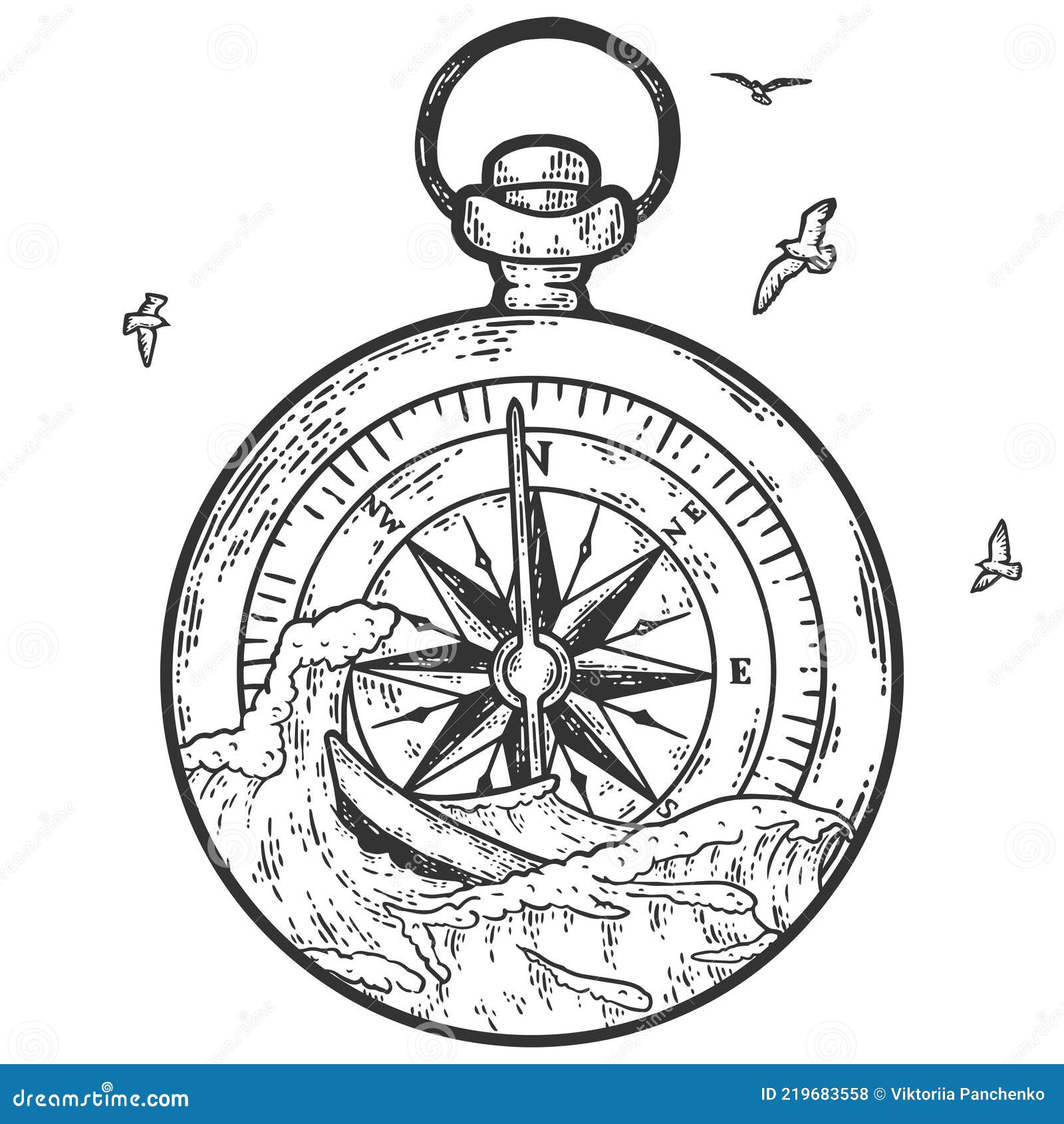 Ocean Graphic Vector Illustration With Compass Waves Travel Outdoor Adventure Explore