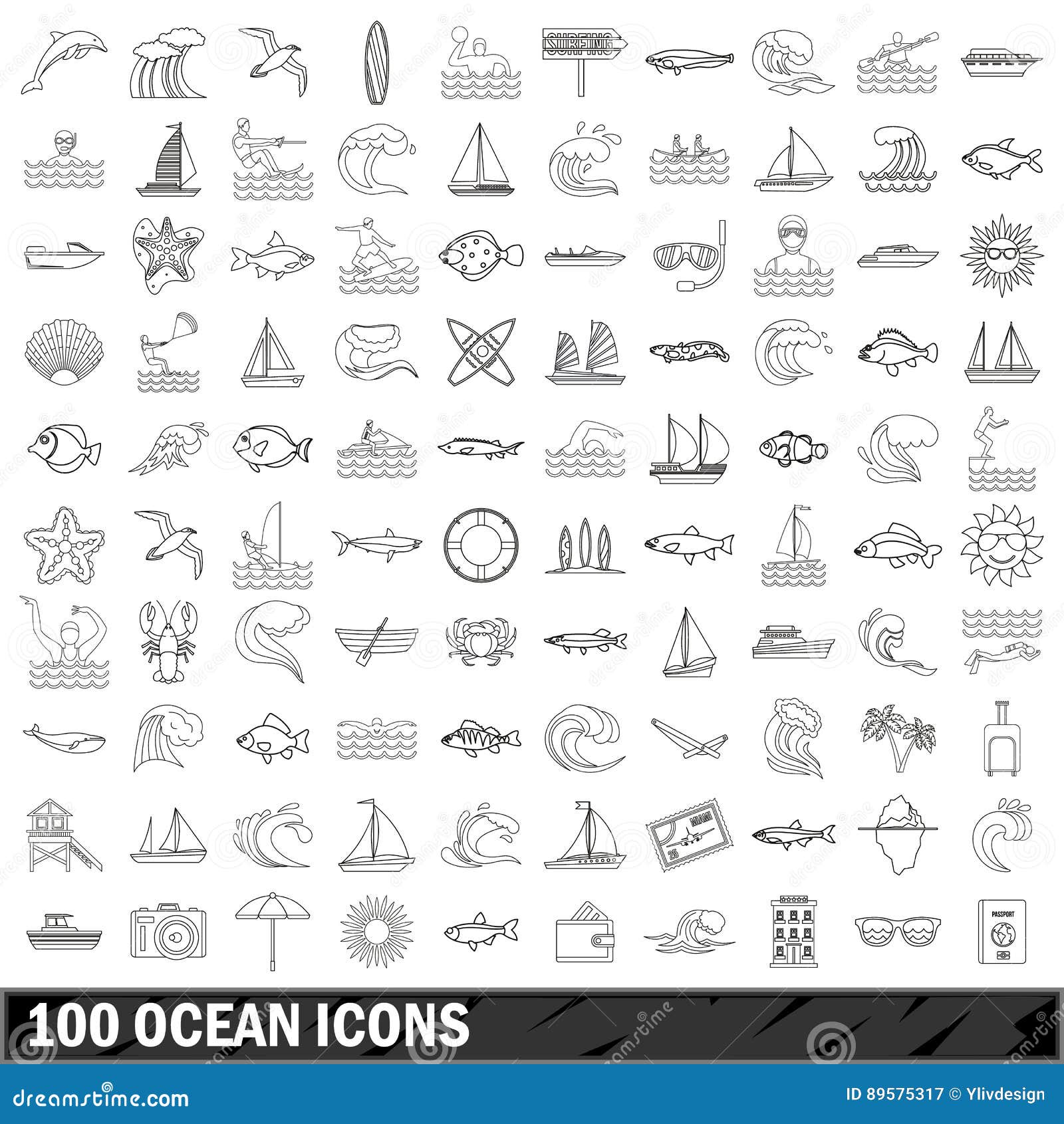 100 Ocean Icons Set, Outline Style Stock Vector - Illustration of ocean ...