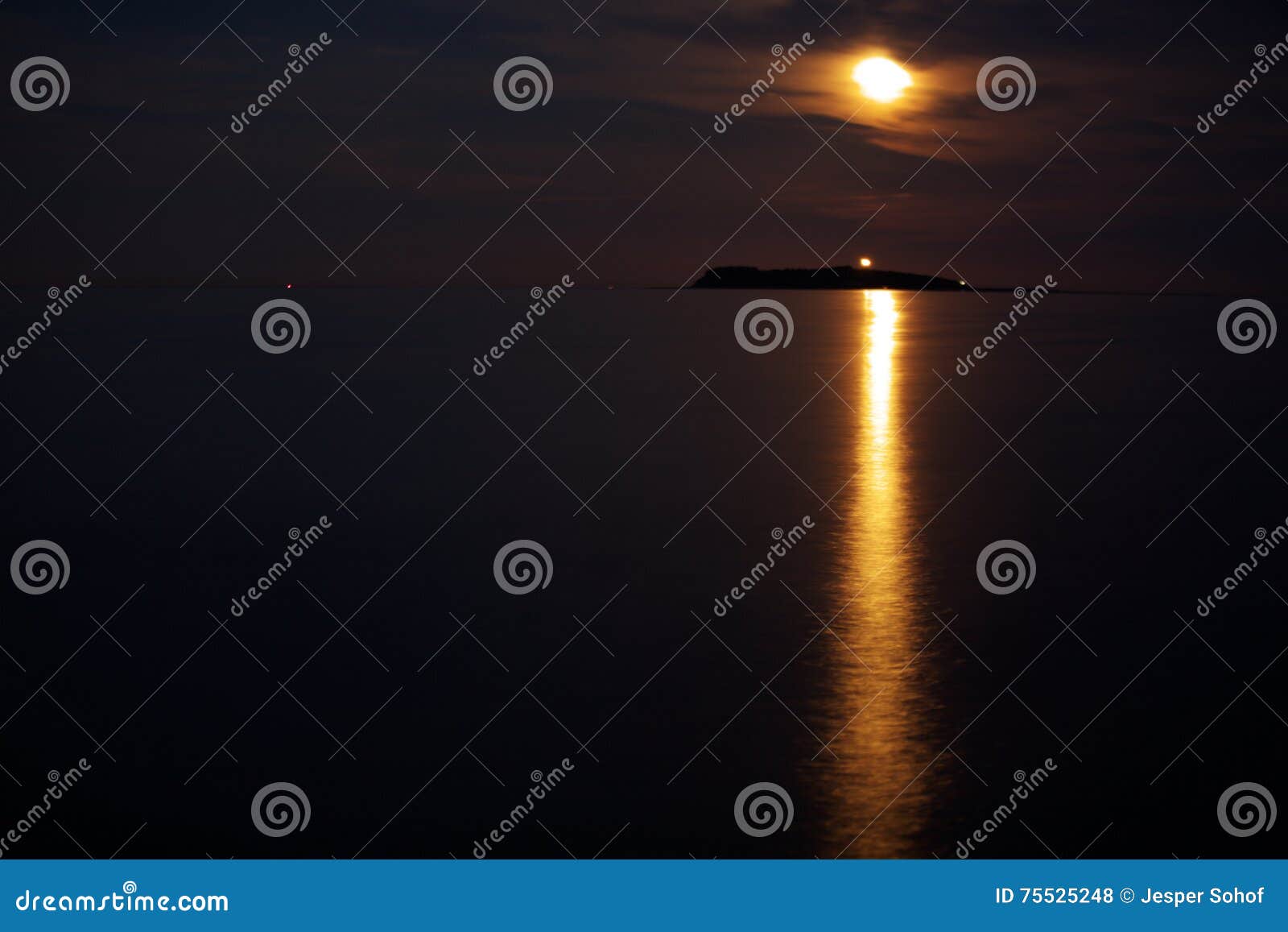 Ocean Island Lightened by Beam of Moonlight Stock Photo - Image of full ...