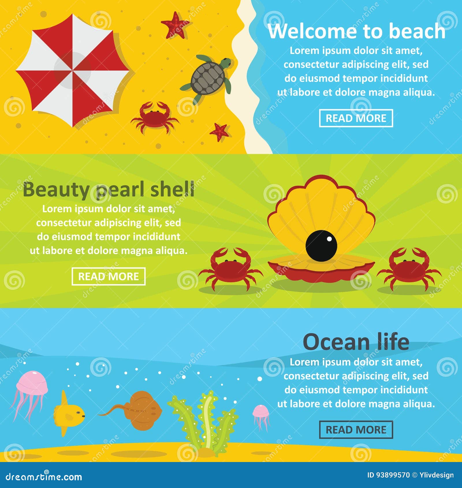 Ocean Life Banner Horizontal Set, Flat Style Stock Vector ...