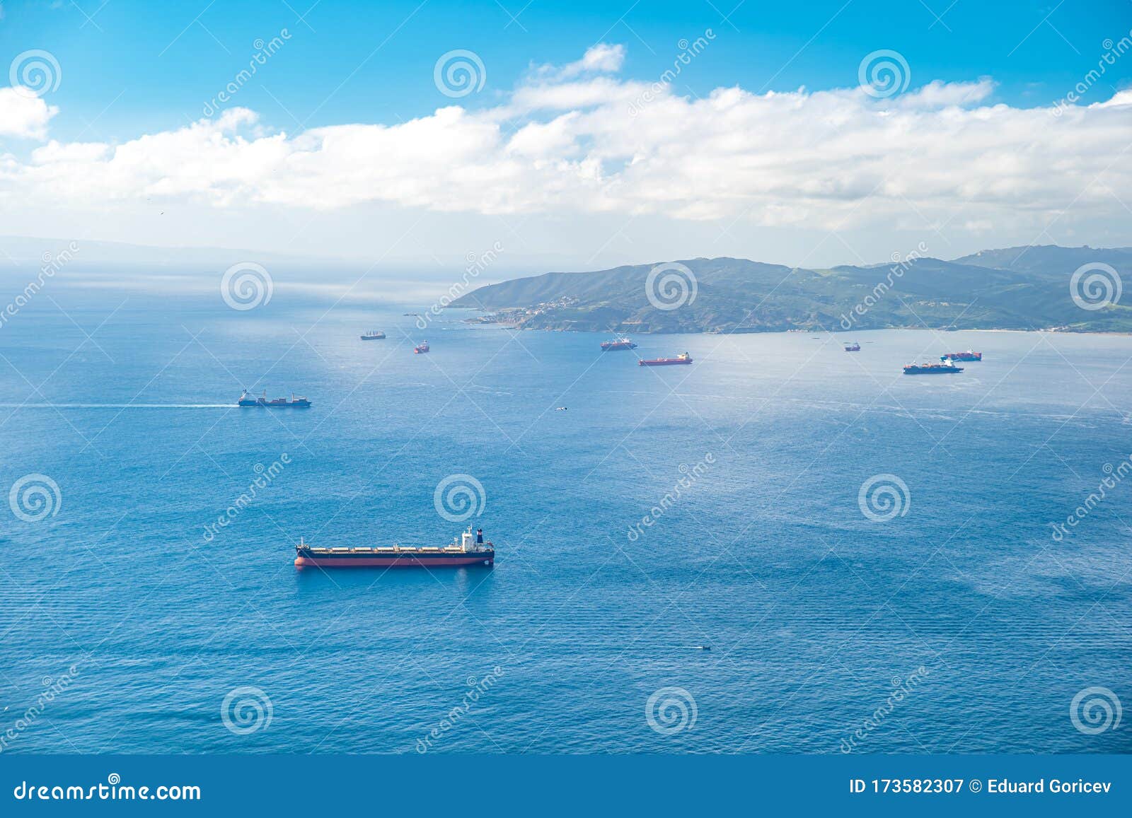 Ocean Panorama with Boats and Island on Horizon Stock Image - Image of ...