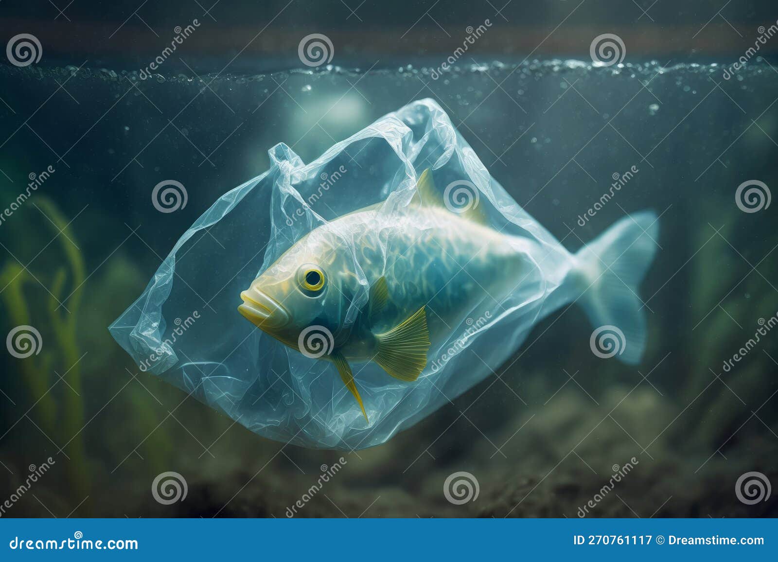 Ocean Plastic Pollution. a Fish with Plastic Bag in the Ocean Stock ...