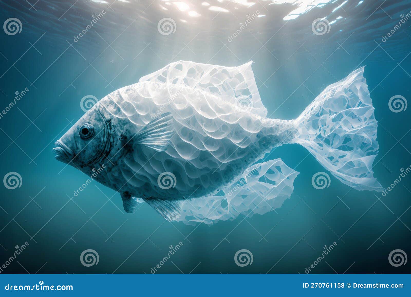 Ocean Plastic Pollution. a Fish with Plastic Bag in the Ocean Stock ...