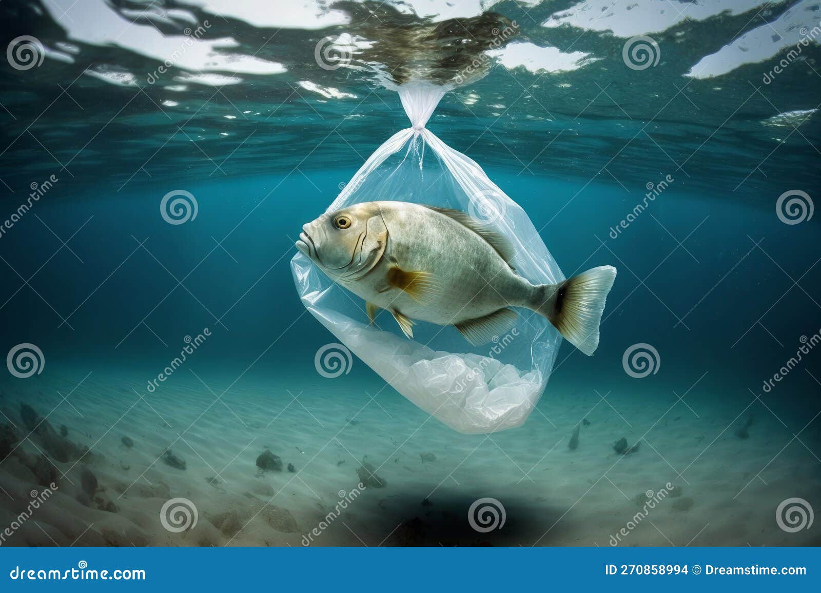 Ocean Plastic Pollution. a Fish with Plastic Bag in the Ocean Stock ...