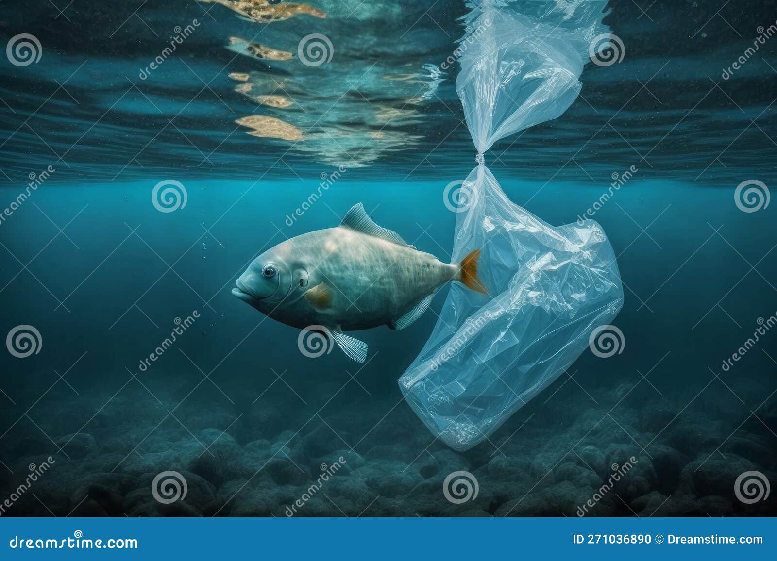 Ocean Plastic Pollution. a Fish with Plastic Bag in the Ocean Stock ...