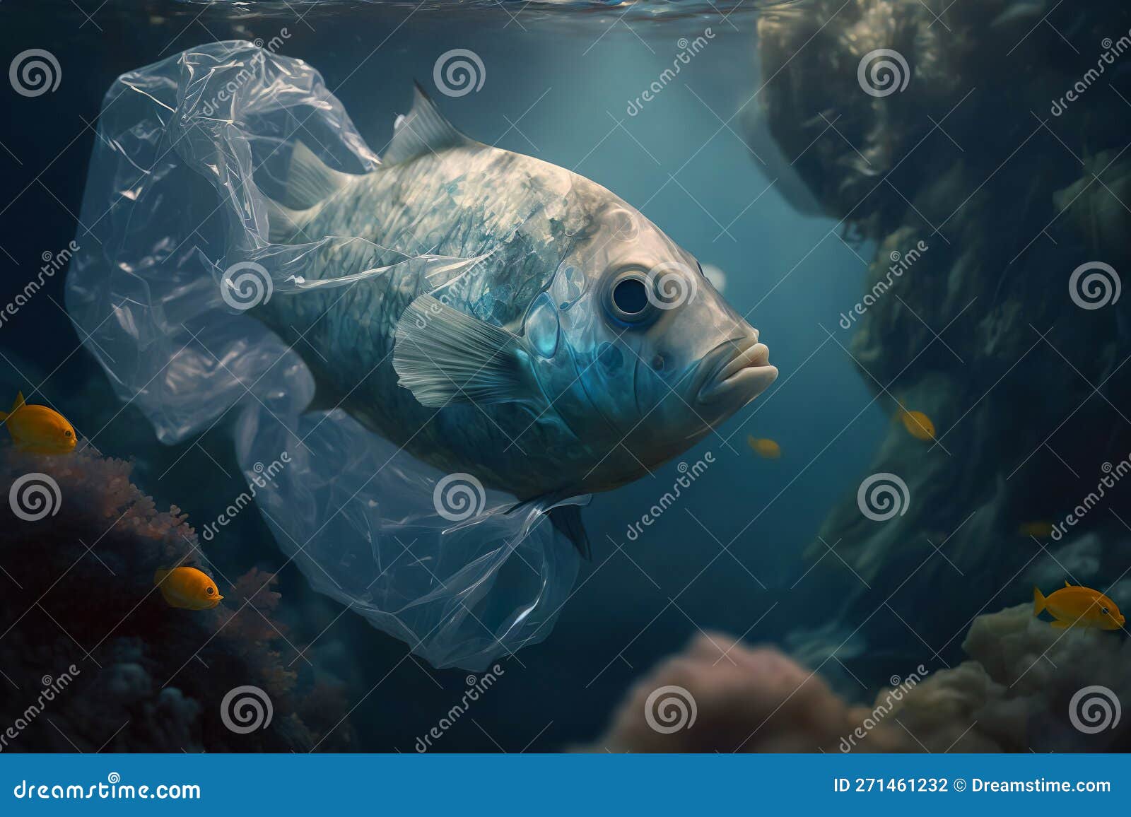 Ocean Plastic Pollution. a Fish with Plastic Bag in the Ocean Stock ...