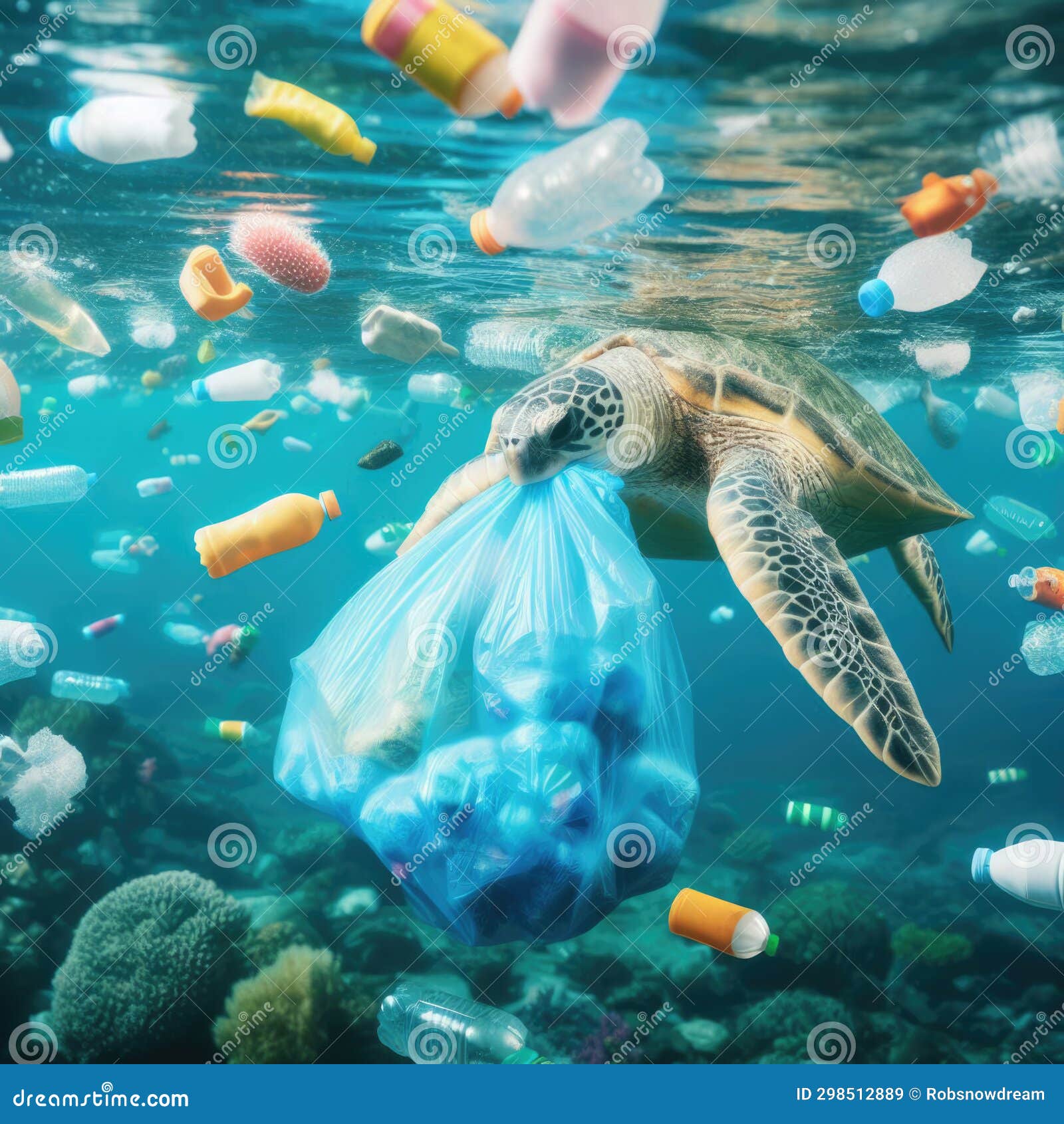 Turtle Finds Ocean Plastic Waste Stock Illustration - Illustration of ...