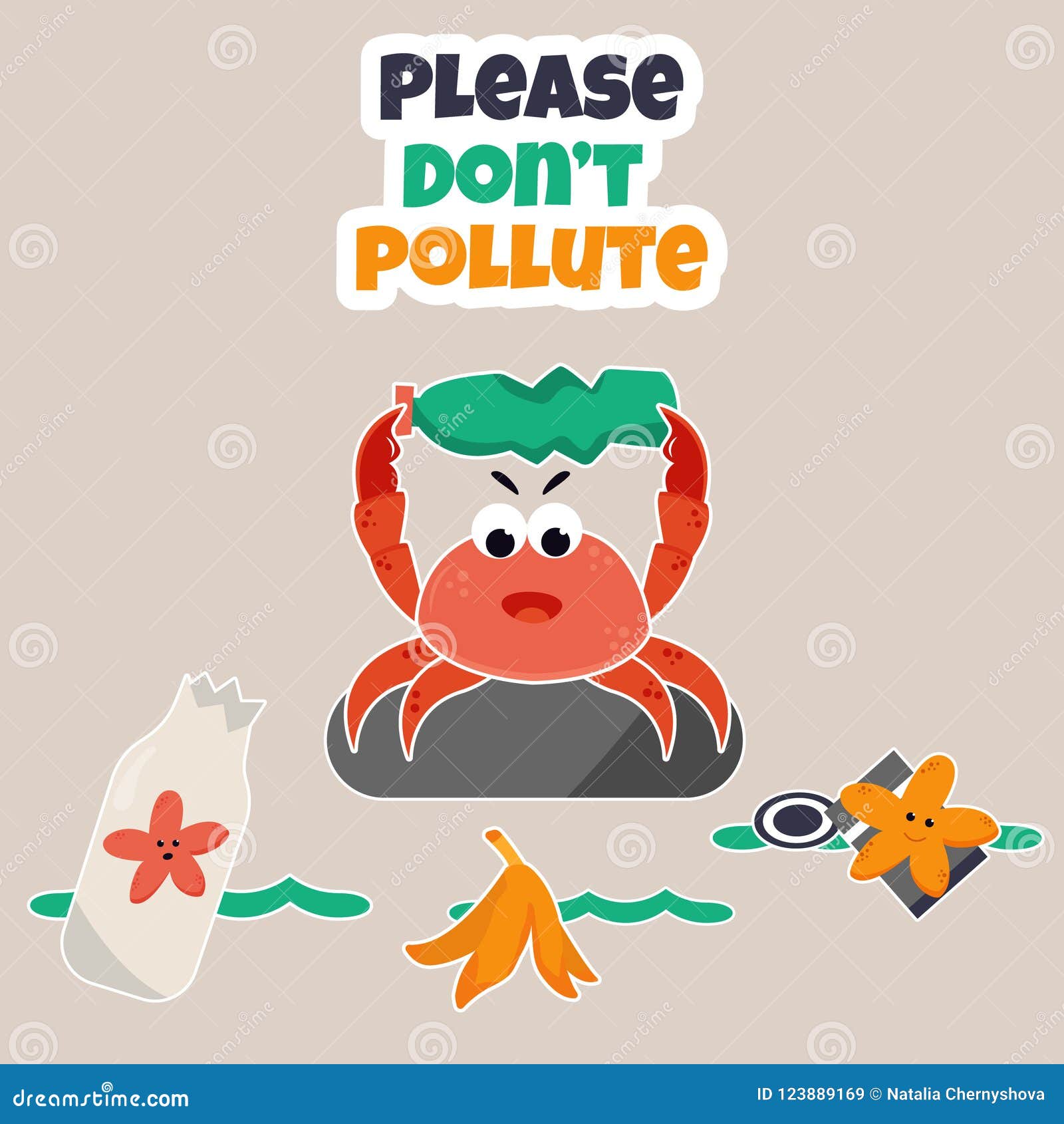 Eco Poster Stop Pollution With Angry Crab Cartoon Vector ...