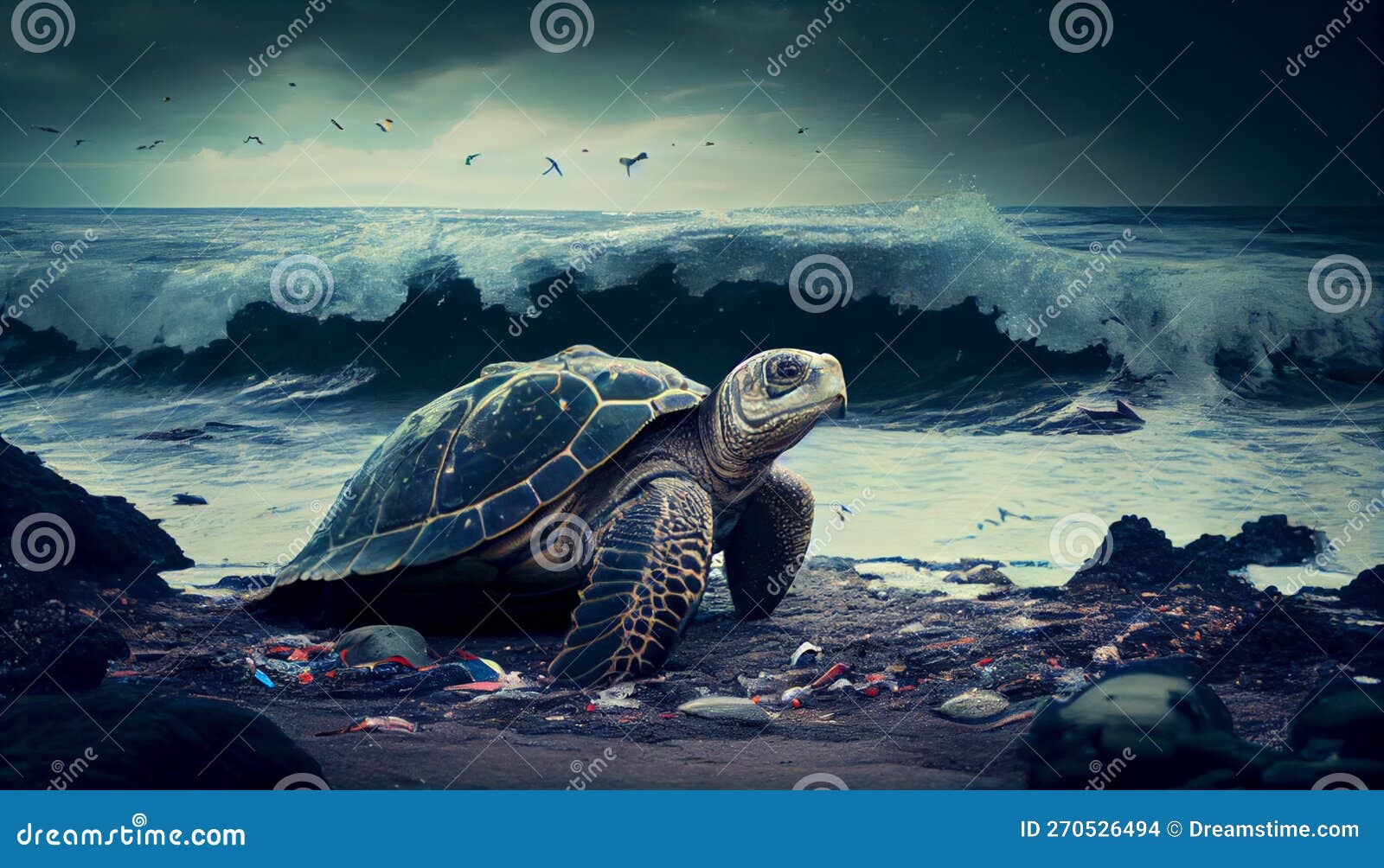 Ocean Pollution. Sad Turtle on the Ocean among the Mountains of Garbage ...