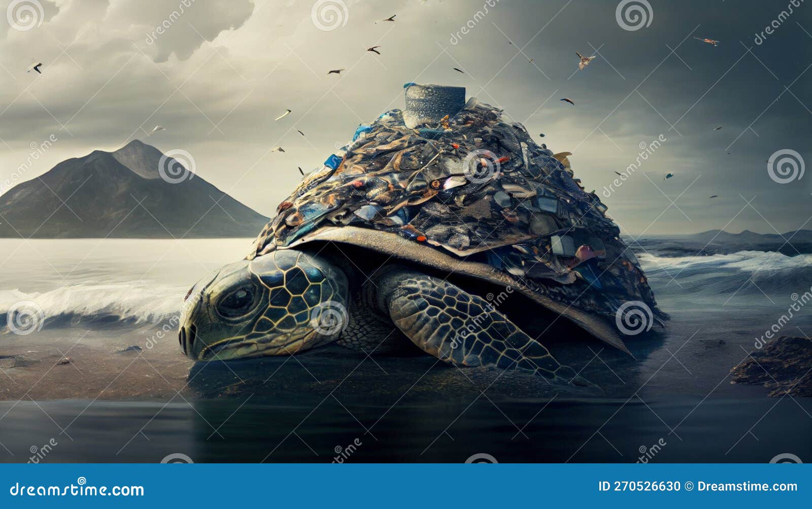 Ocean Pollution. Sad Turtle on the Ocean among the Mountains of Garbage ...