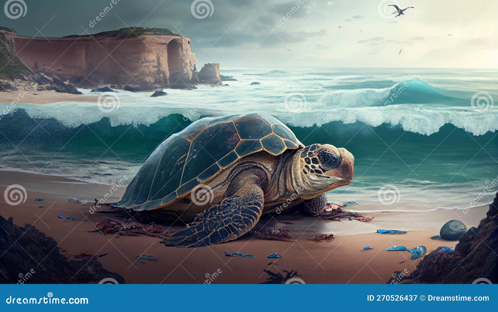 Ocean Pollution. Sad Turtle on the Ocean among the Mountains of Garbage ...