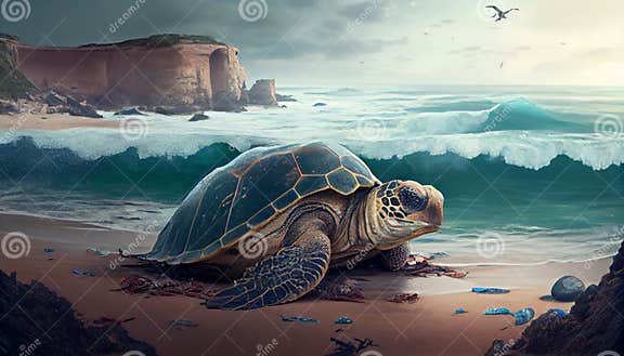 Ocean Pollution. Sad Turtle on the Ocean among the Mountains of Garbage ...