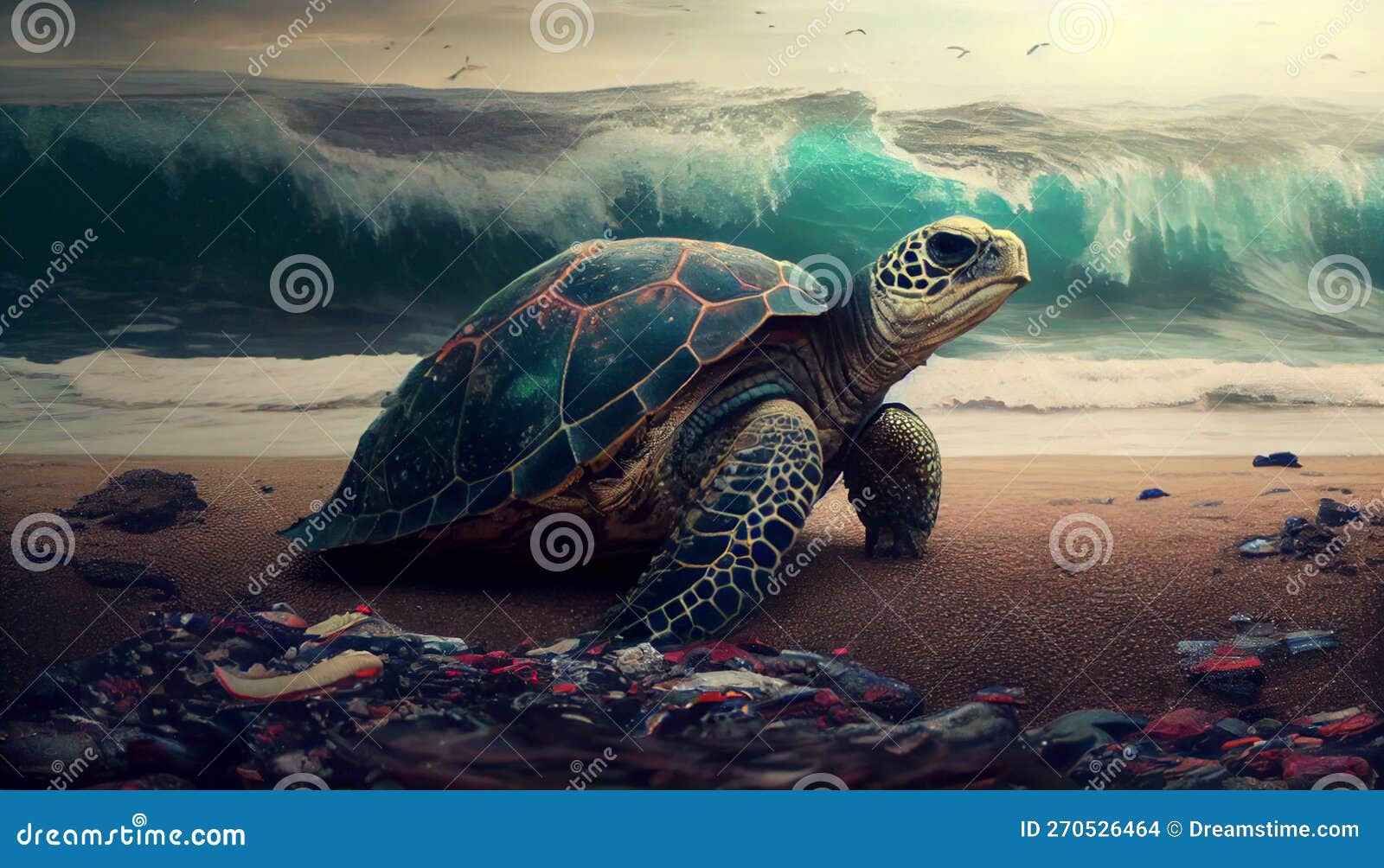 Ocean Pollution. Sad Turtle on the Ocean among the Mountains of Garbage ...