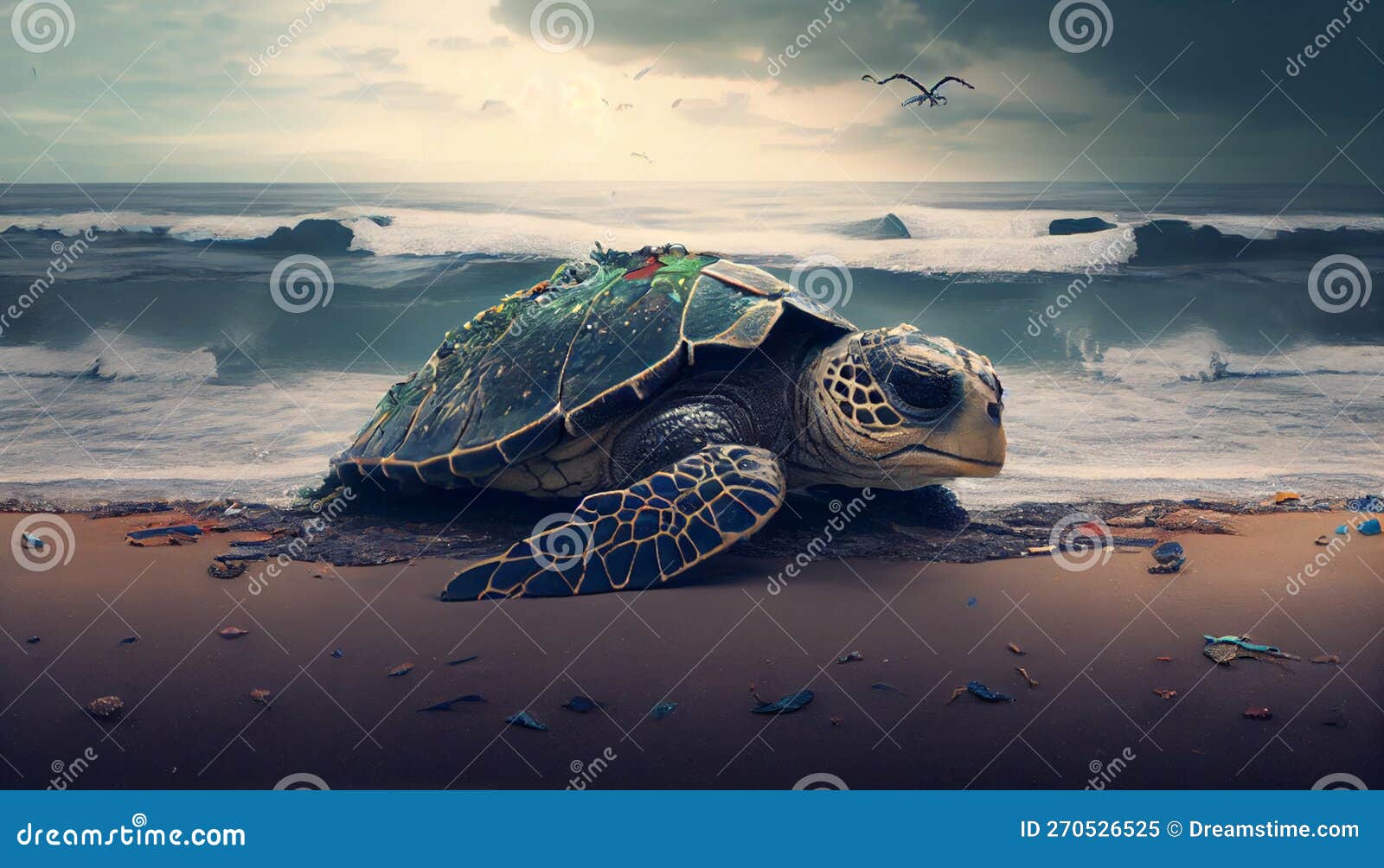 Ocean Pollution. Sad Turtle on the Ocean among the Mountains of Garbage ...