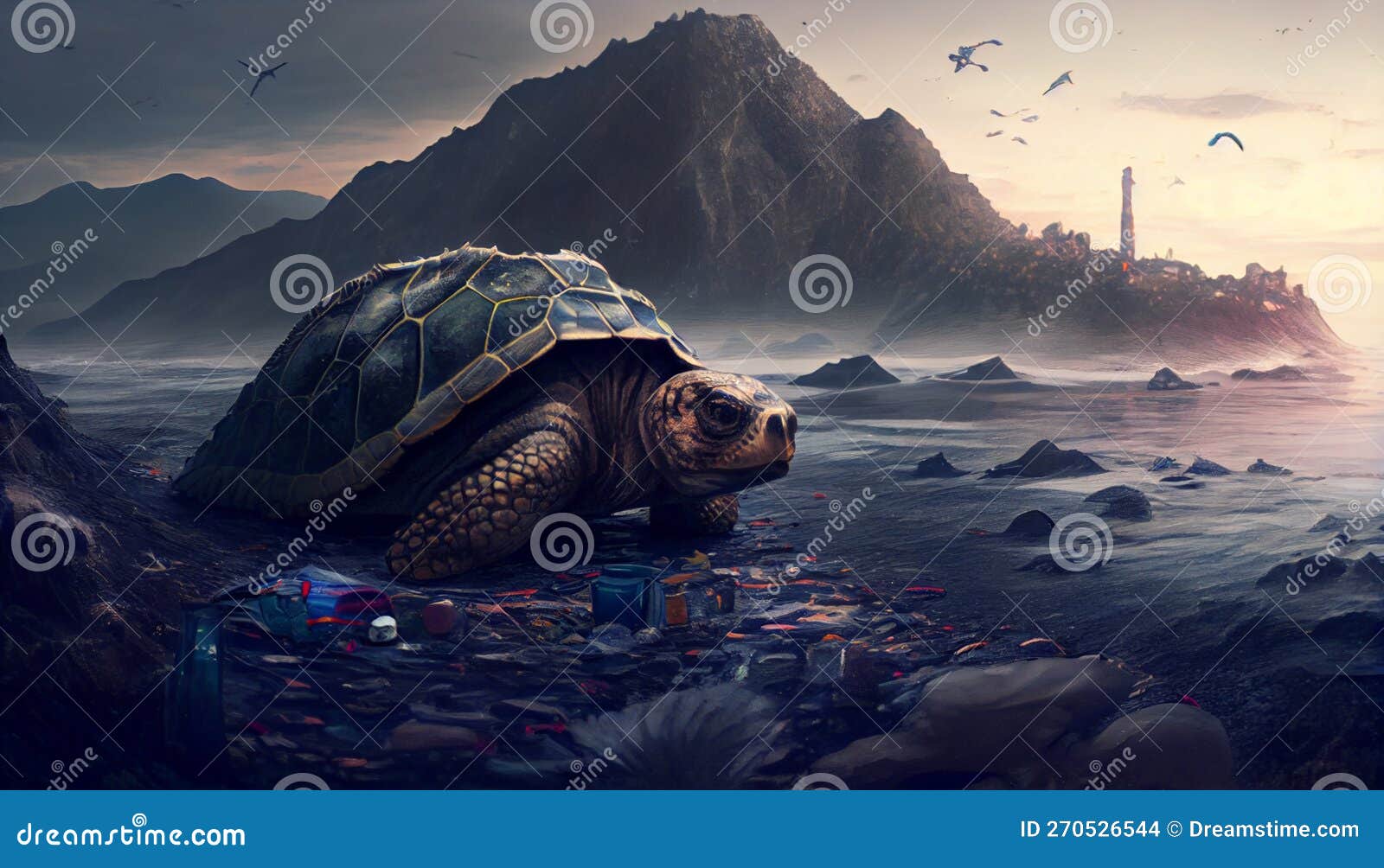 Ocean Pollution. Sad Turtle on the Ocean among the Mountains of Garbage ...