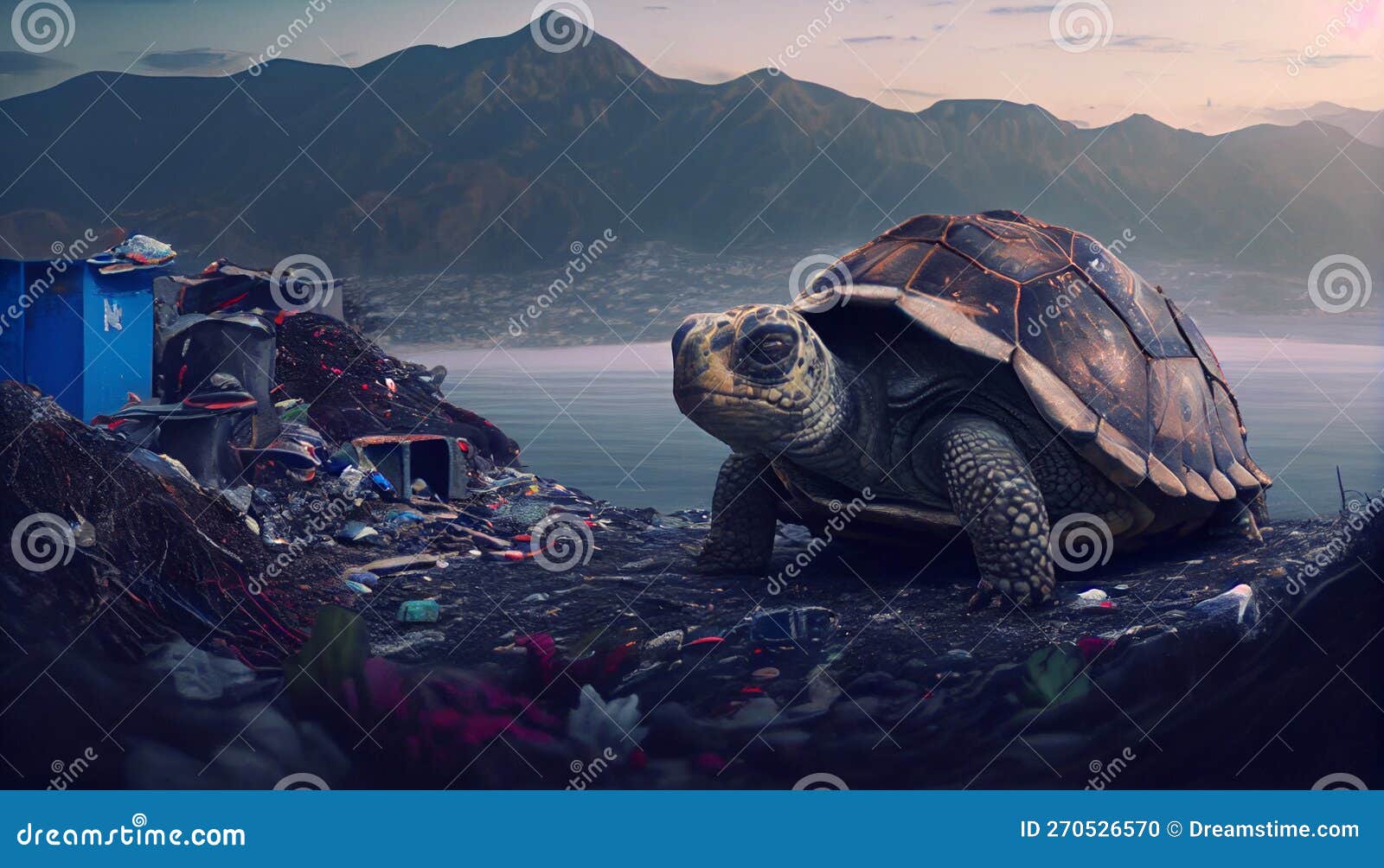 Ocean Pollution. Sad Turtle on the Ocean among the Mountains of Garbage ...