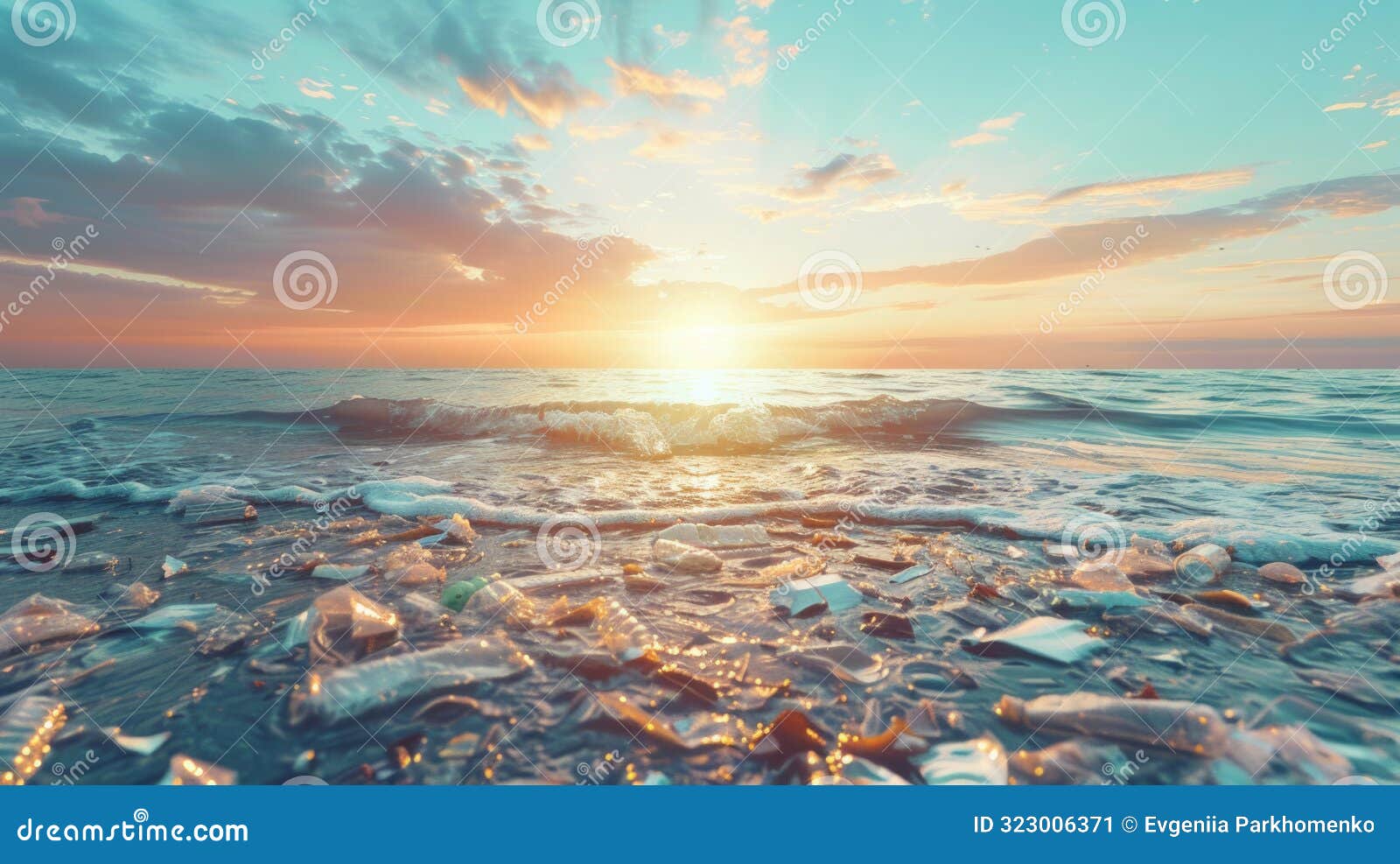 Ocean Pollution at Sunset: Plastic Waste on Seashore Under Vibrant Sky ...