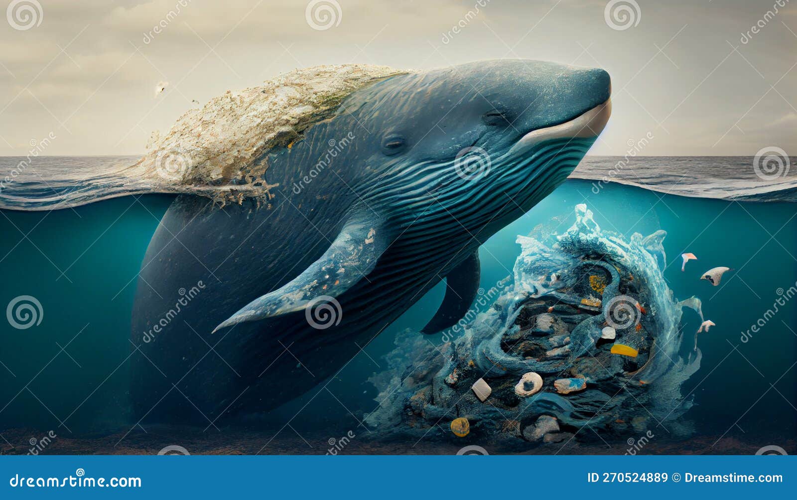 Ocean Pollution. Whale in the Ocean among Piles of Garbage ...