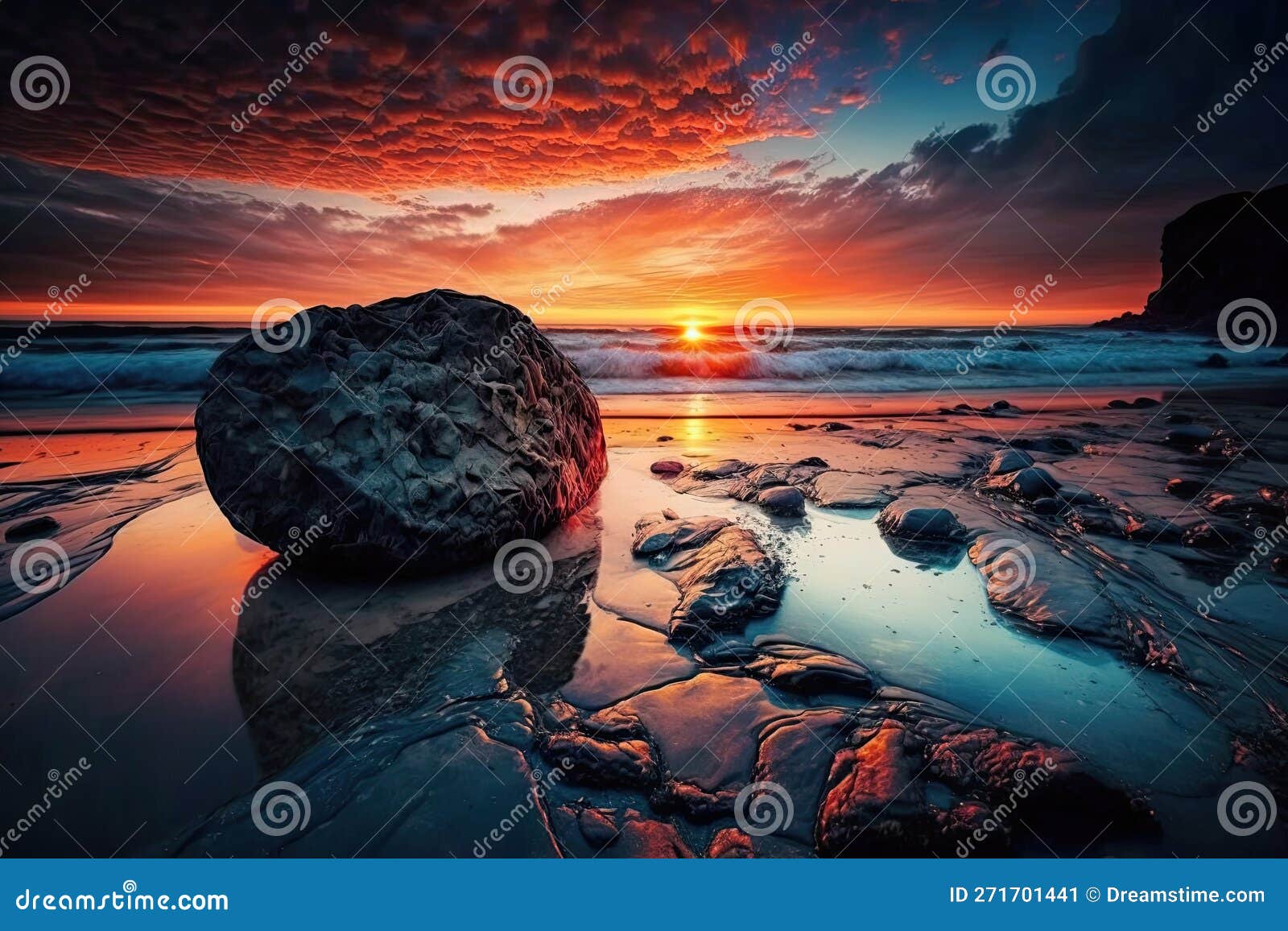 Ocean Rocks on the Beach and a Vivid Sunset Sky with Clouds Stock ...