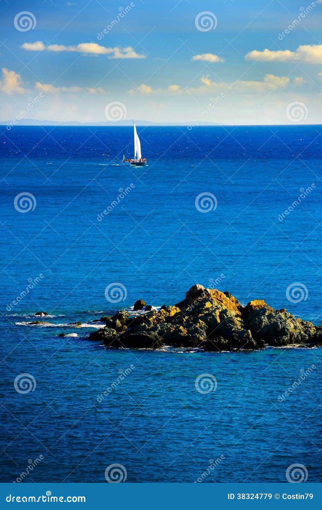 Ocean, rocks and boat stock image. Image of travel, rock - 38324779