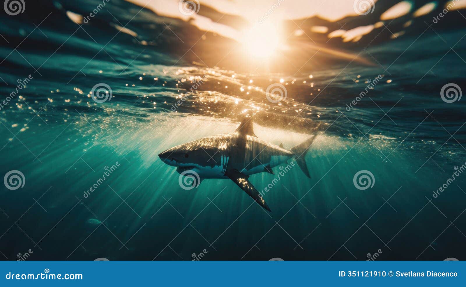 Ocean Scene with Great White Shark, Surface Light and Microplastics ...