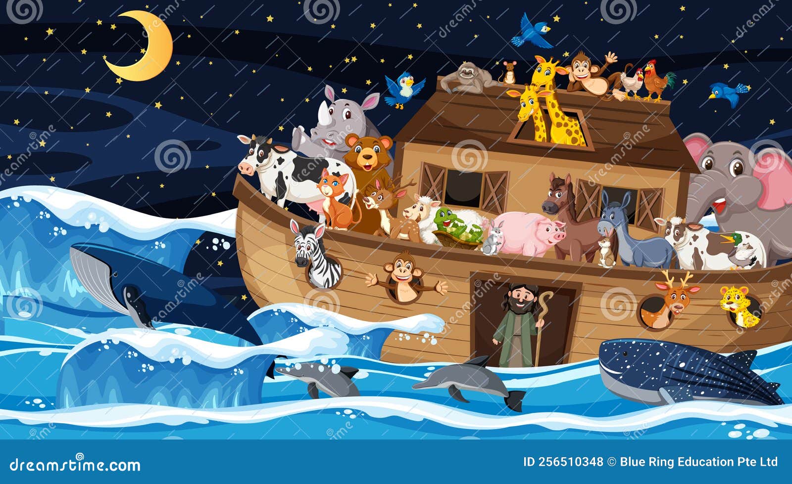 Ocean Scene with Noah`s Ark with Animals Stock Vector - Illustration of ...