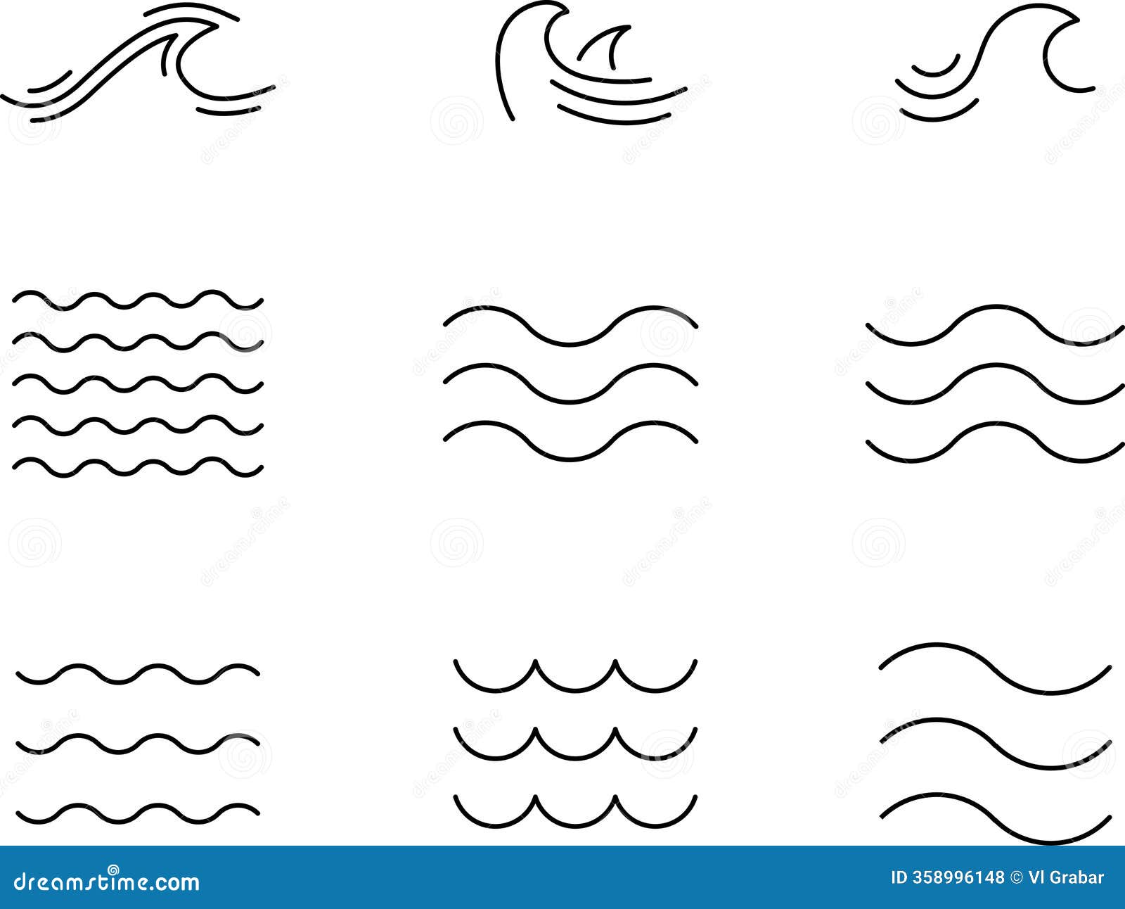 Ocean, Sea Waves Flat Simple Lines Vector Set Stock Illustration ...