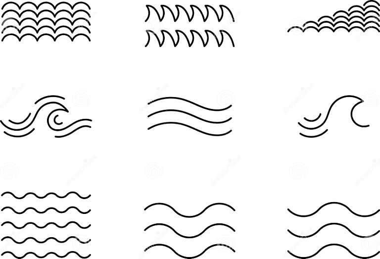 Ocean, Sea Waves Flat Simple Lines Vector Set Stock Illustration ...