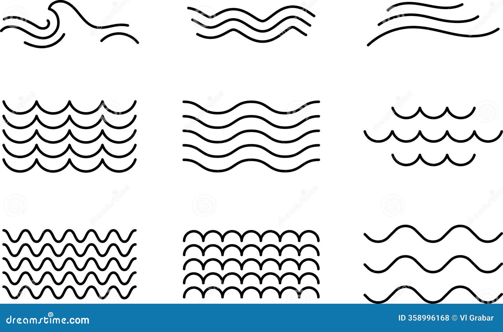 Ocean, Sea Waves Flat Simple Lines Vector Set Stock Illustration ...