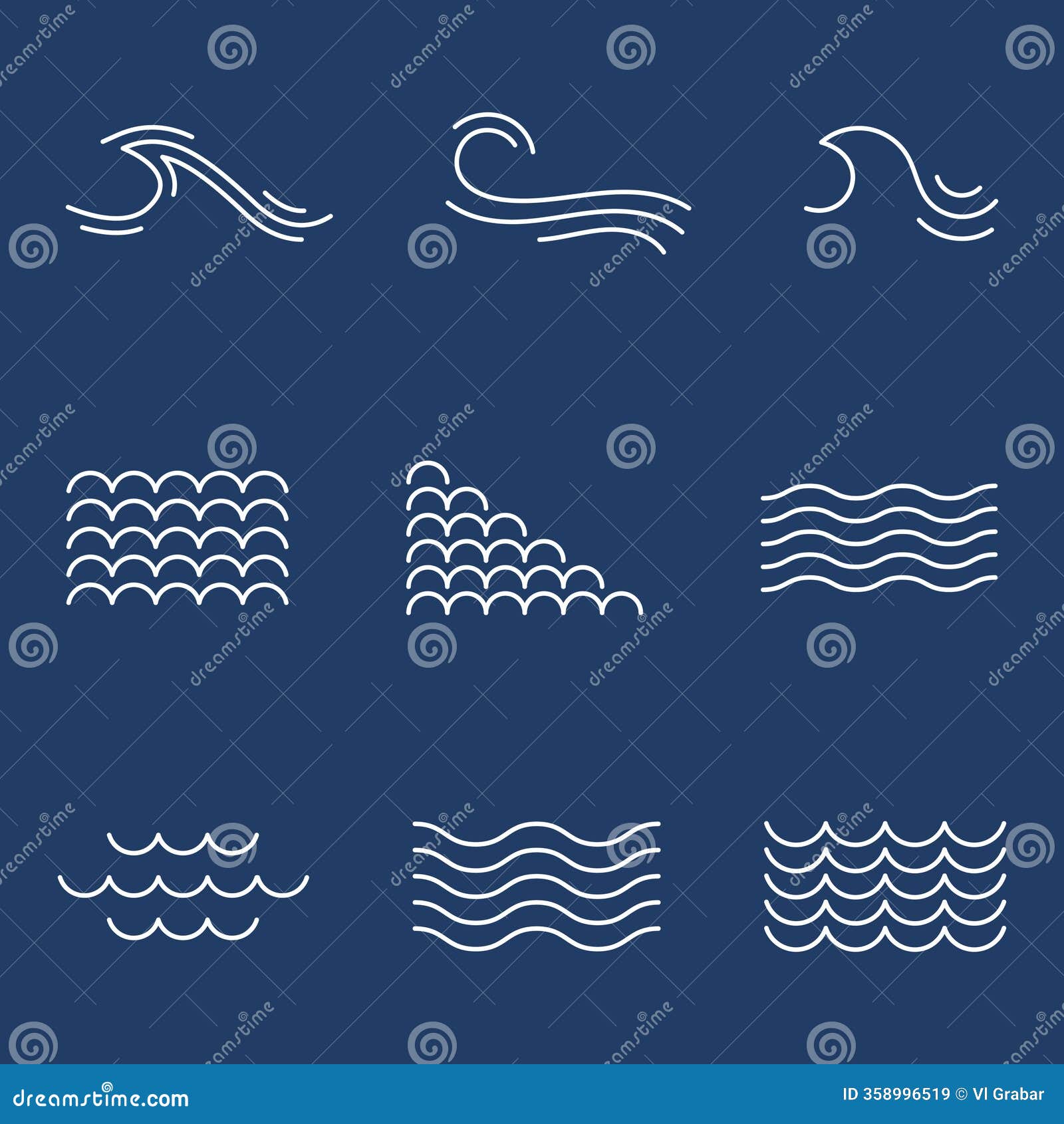 Ocean, Sea Waves Flat Simple Lines Vector Set Stock Illustration ...
