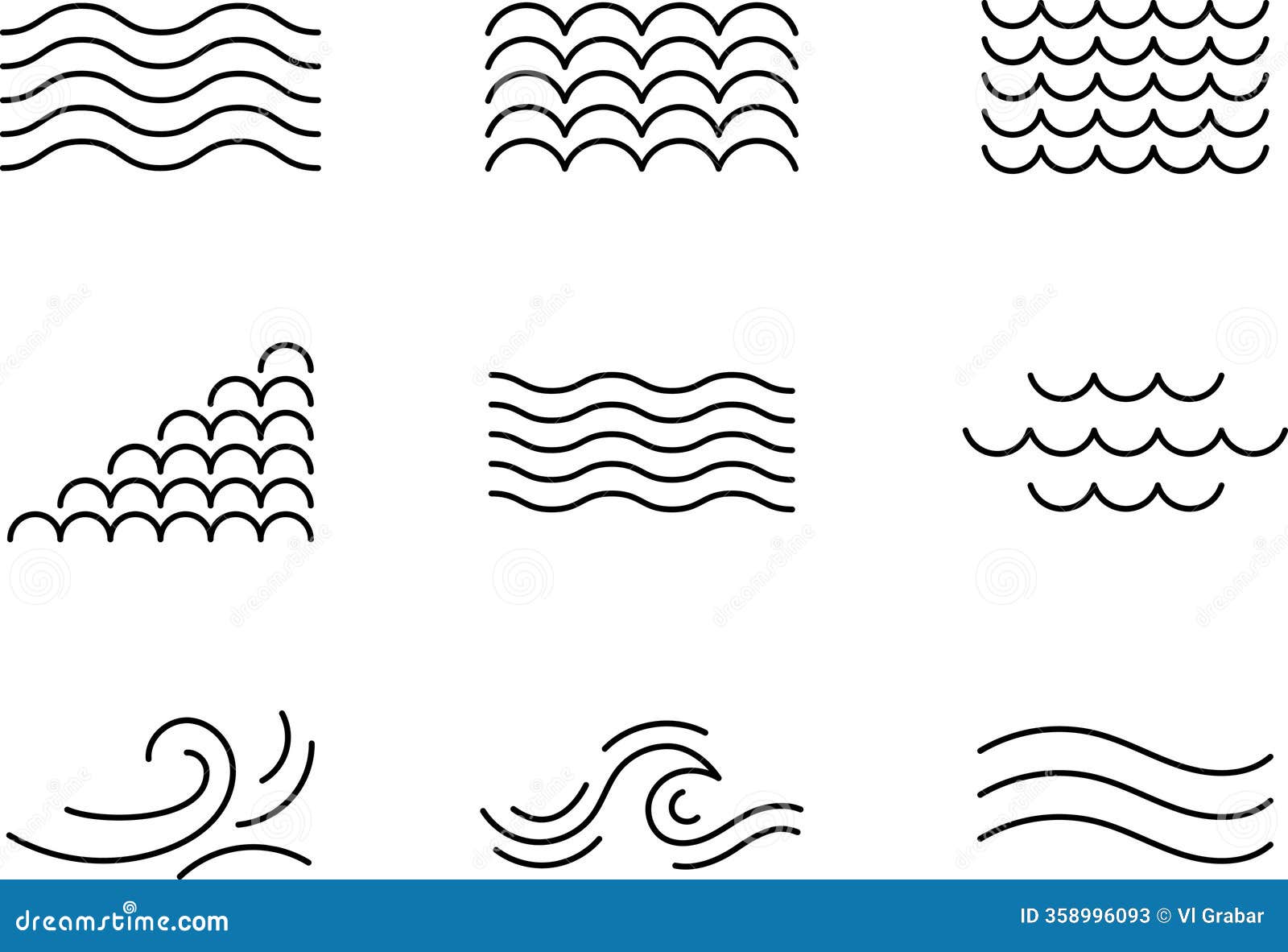 Ocean, Sea Waves Flat Simple Lines Vector Set Stock Illustration ...