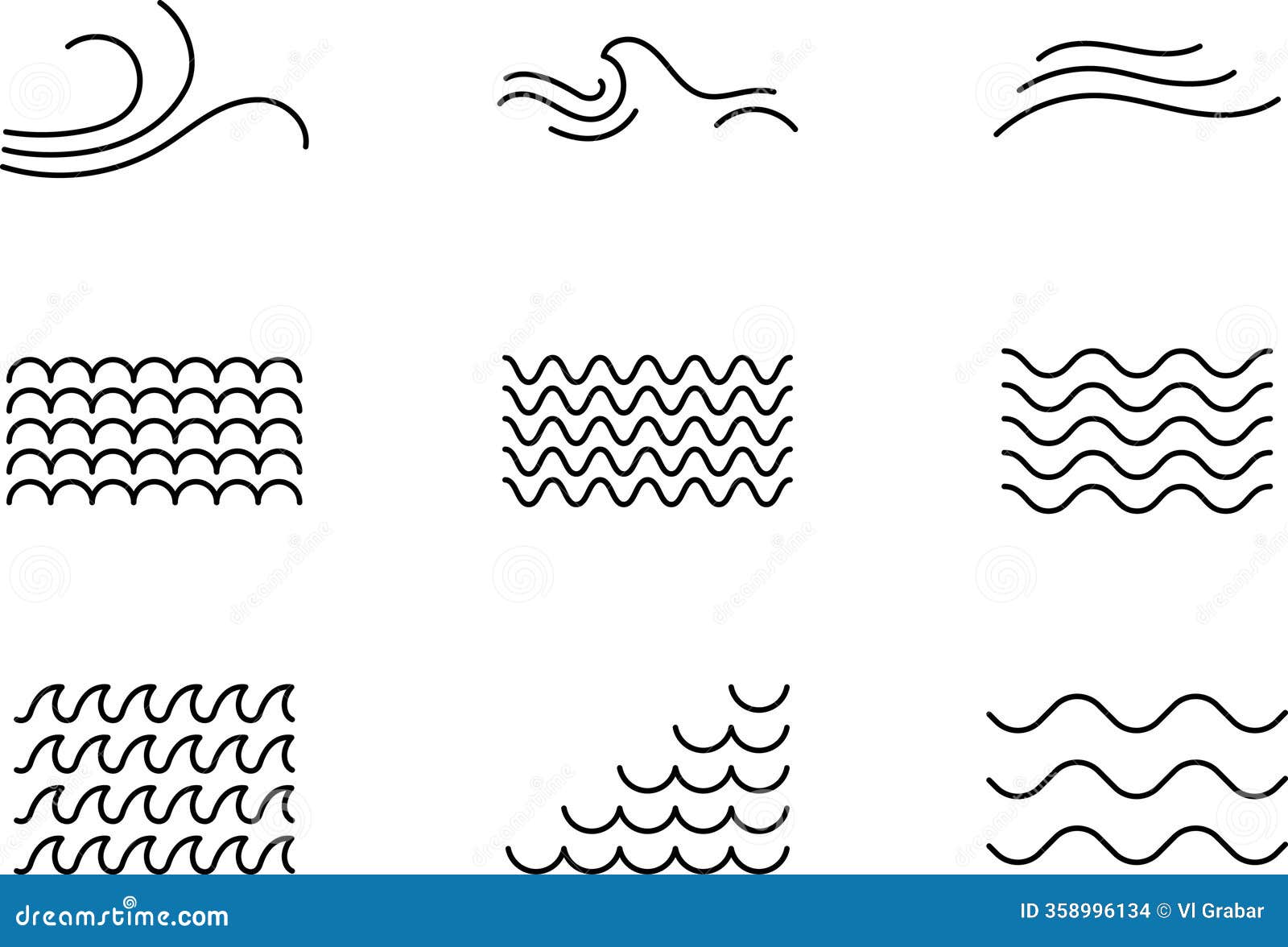 Ocean, Sea Waves Flat Simple Lines Vector Set Stock Illustration ...