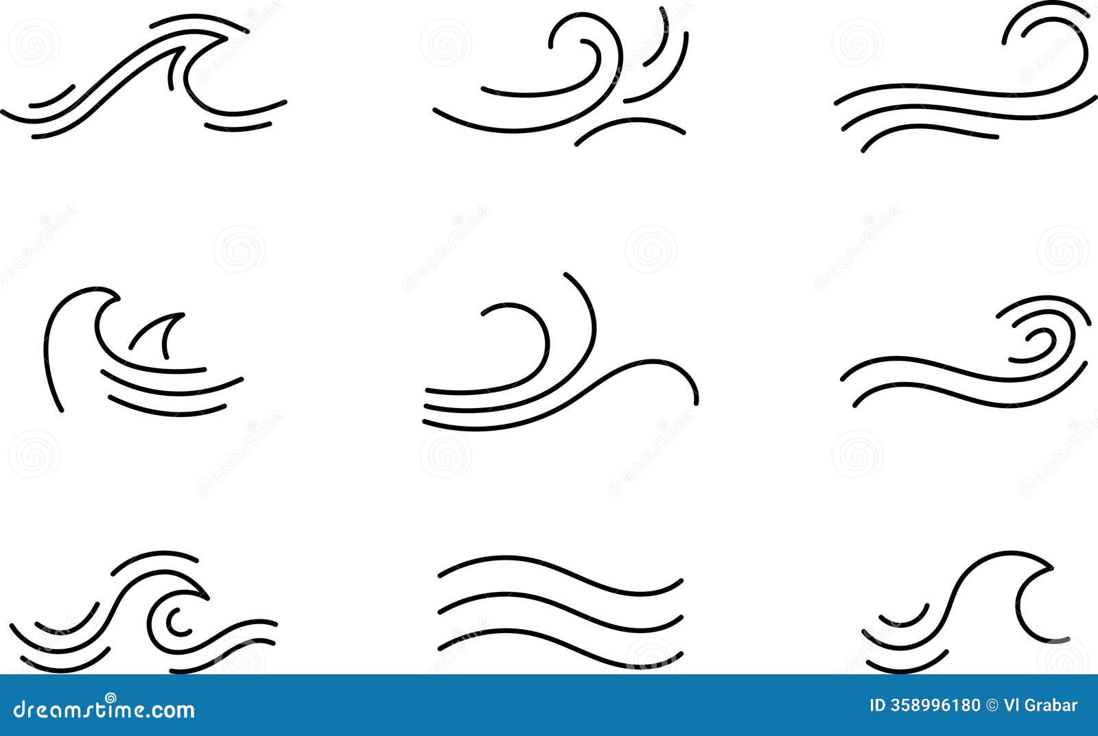 Ocean, Sea Waves Flat Simple Lines Vector Set Stock Illustration ...