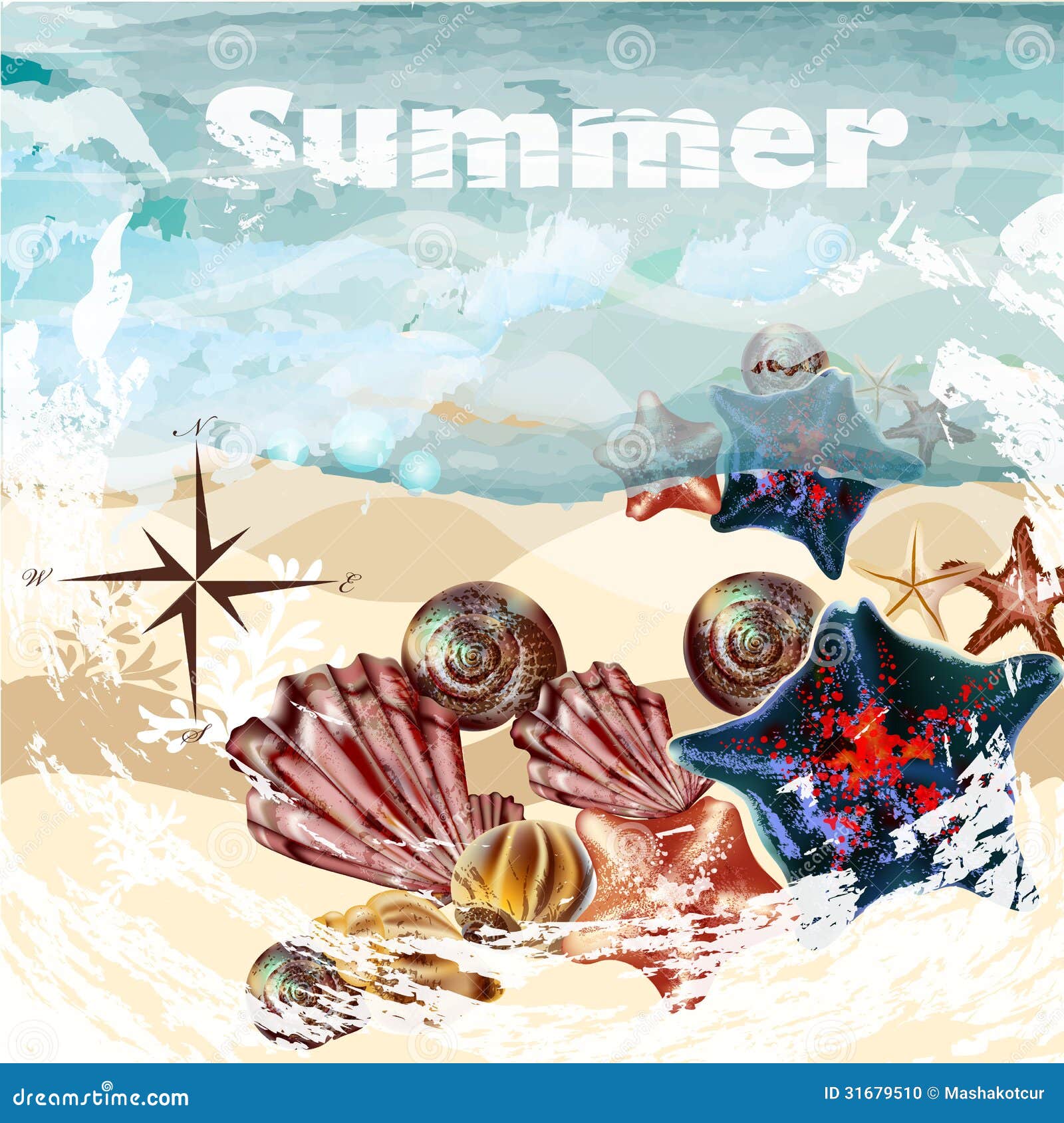 Ocean and Shells on a Beach Stock Vector - Illustration of outdoor ...